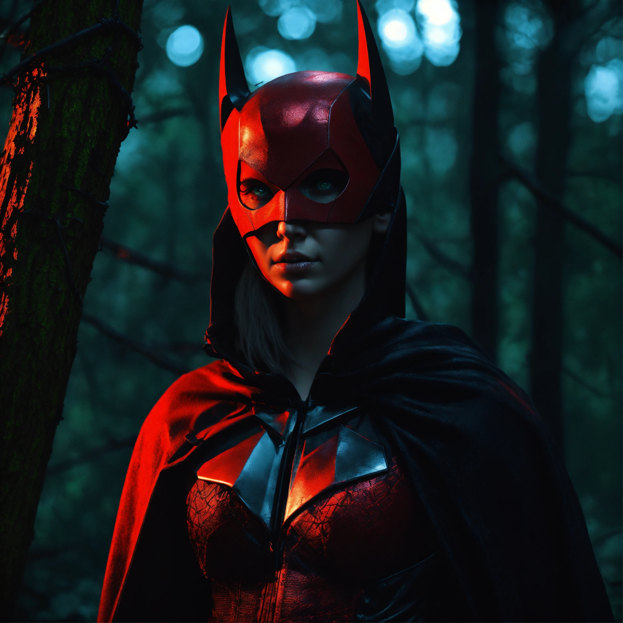 Lexica - Eerie girl in a hero-like red mask, (pitch black bat-like ...