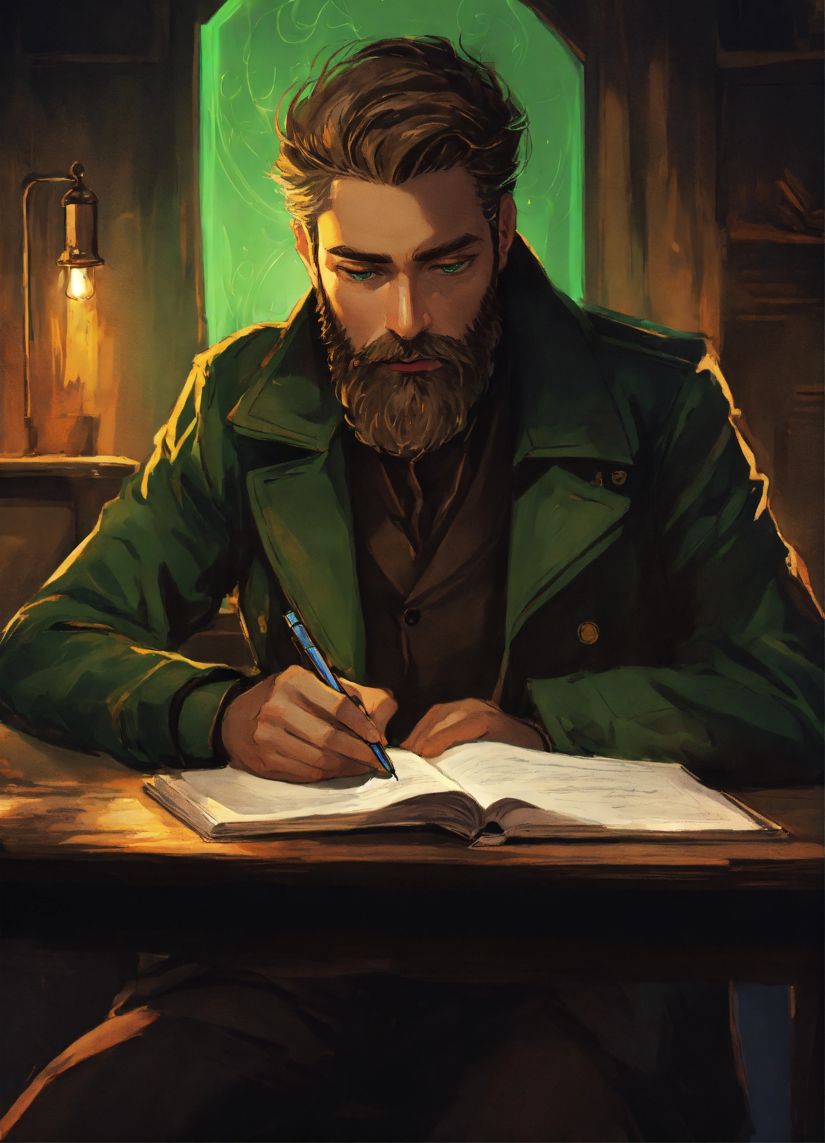 Lexica - Dark illustration showing man with green eyes light scarce ...