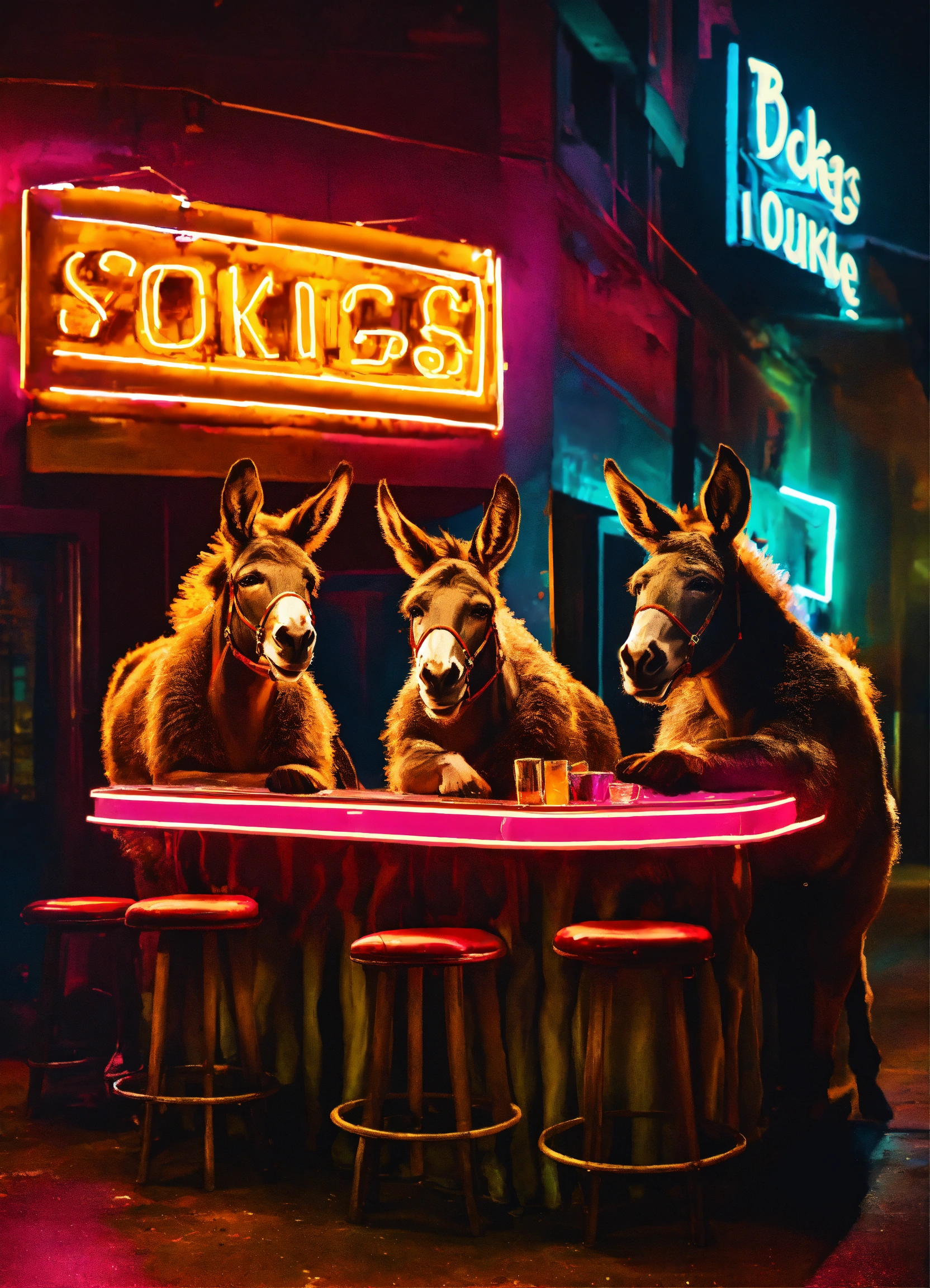 Lexica - Three Donkeys smoking cigars in a Neon 80's bar style