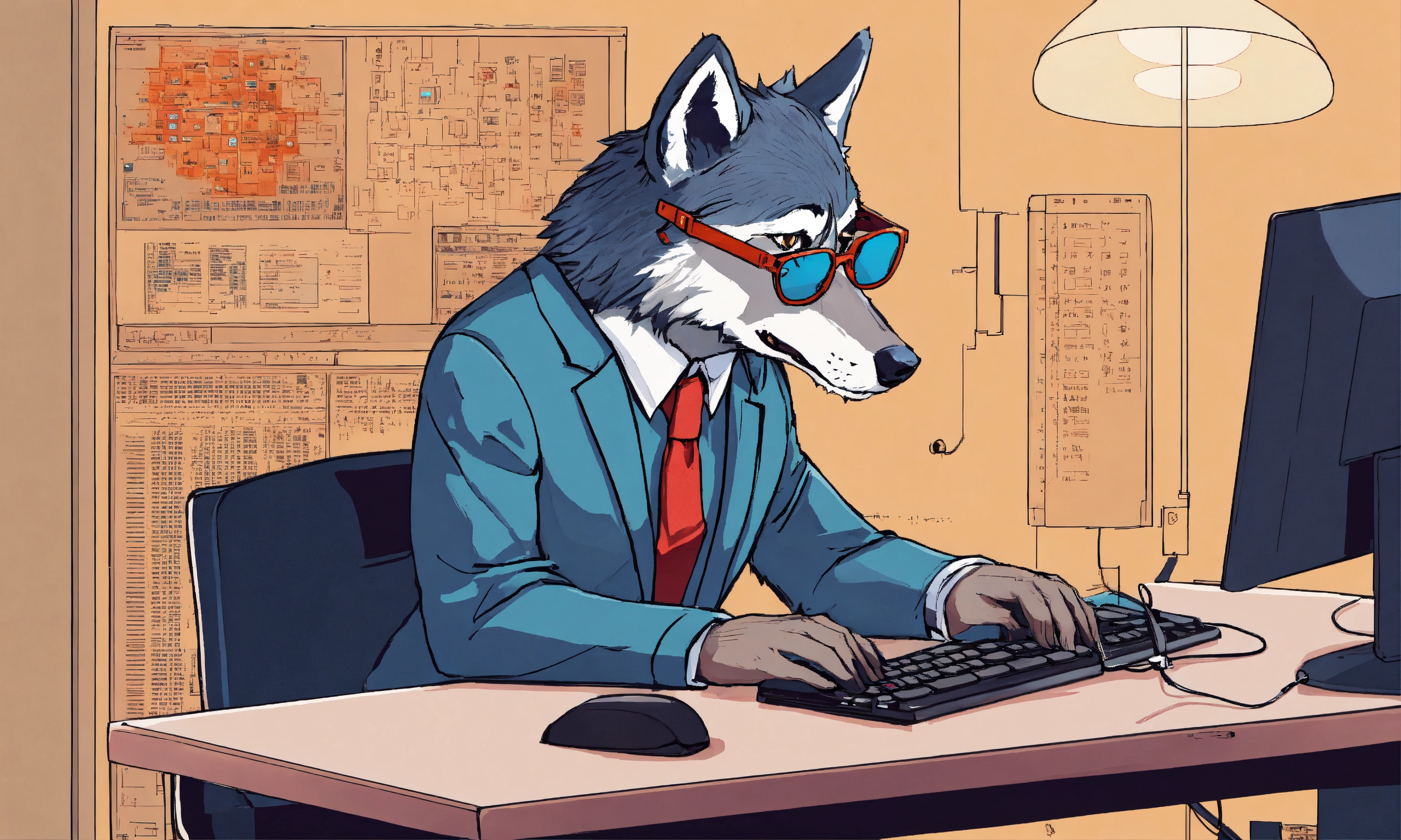 Lexica - A wolf wearing a suit with glasses coding on computer