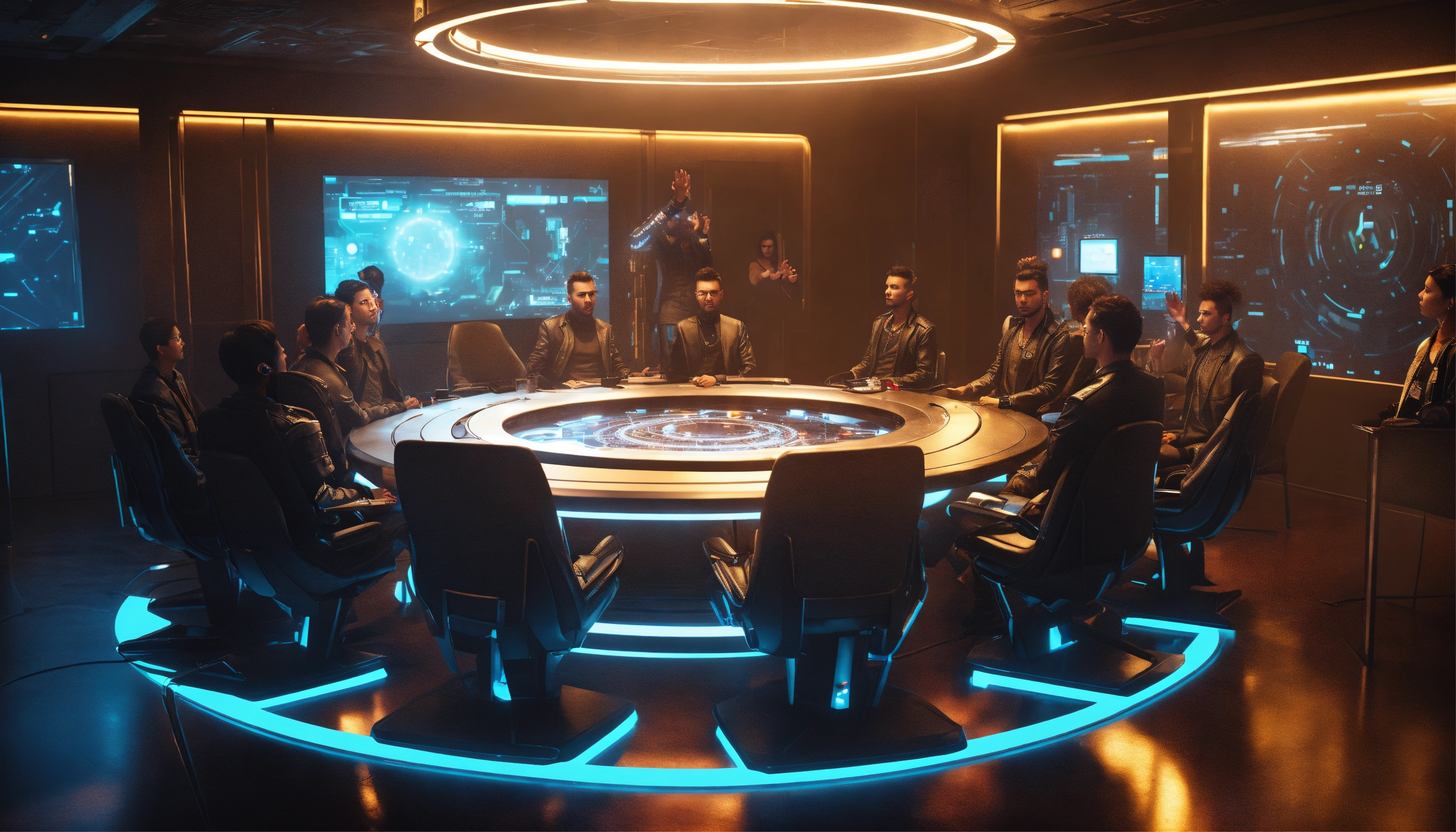 Lexica - Futuristic meeting room, people siting around the cybernetic ...