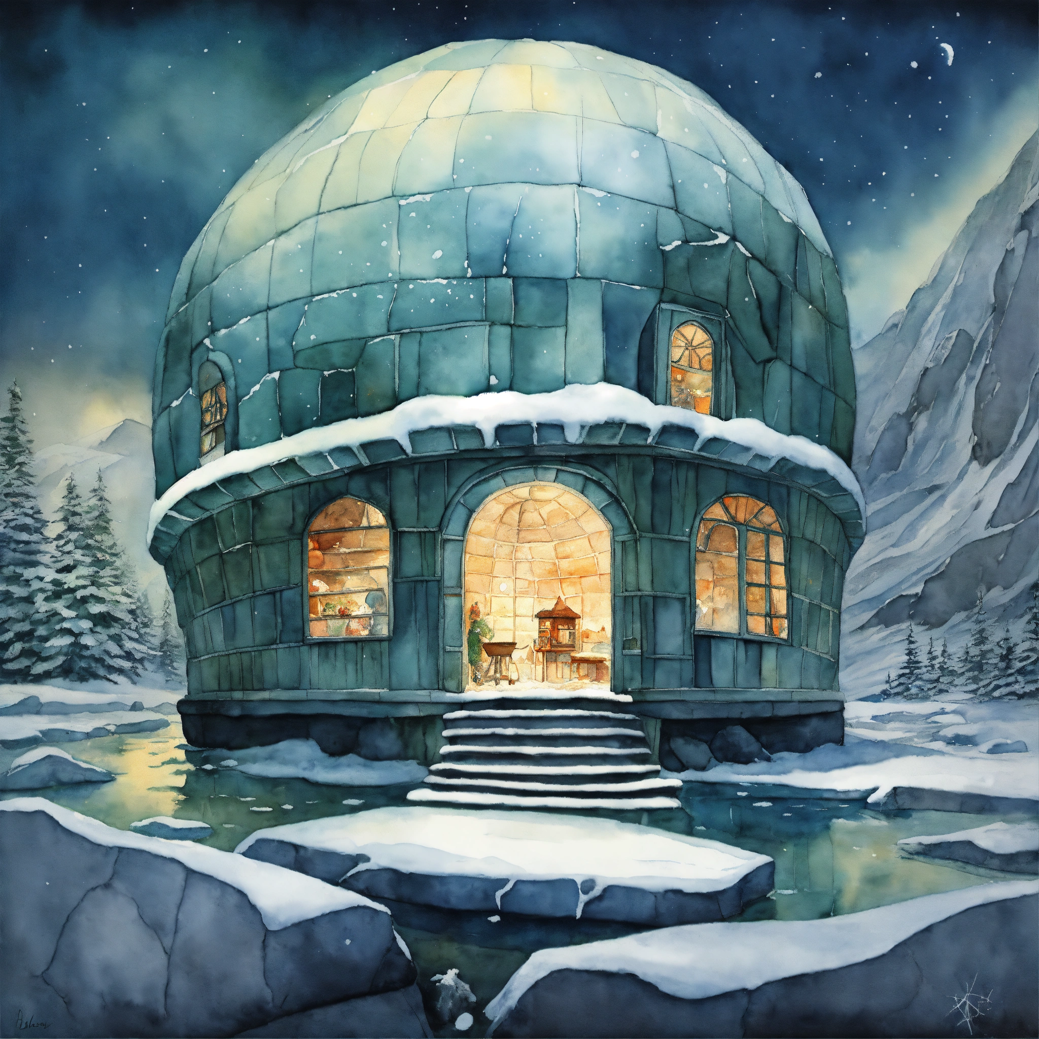 Lexica - A watercolor painting depicting an intricately detailed igloo ...