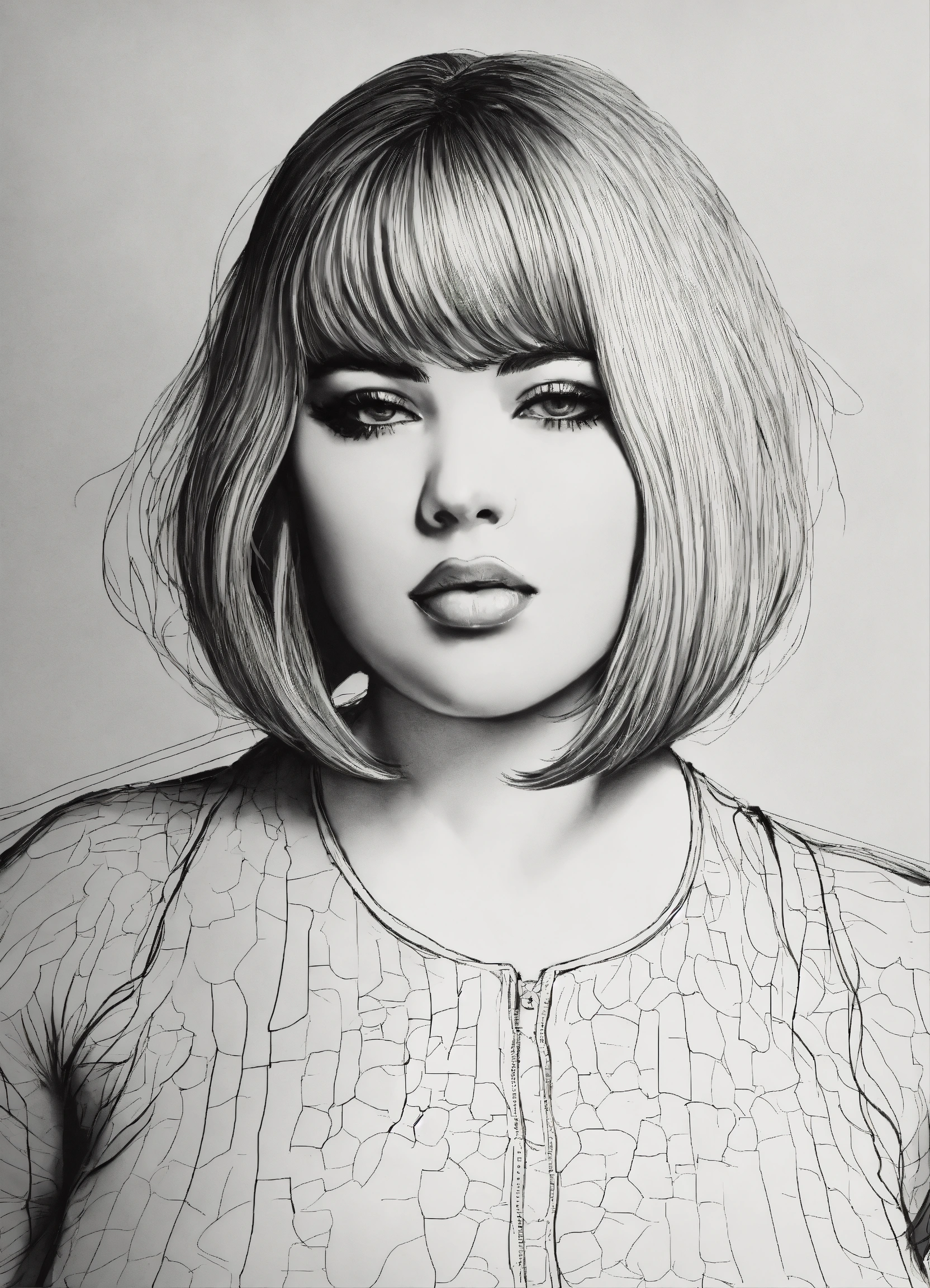 Lexica - Black and white line drawing, plus size woman, bob with bangs ...