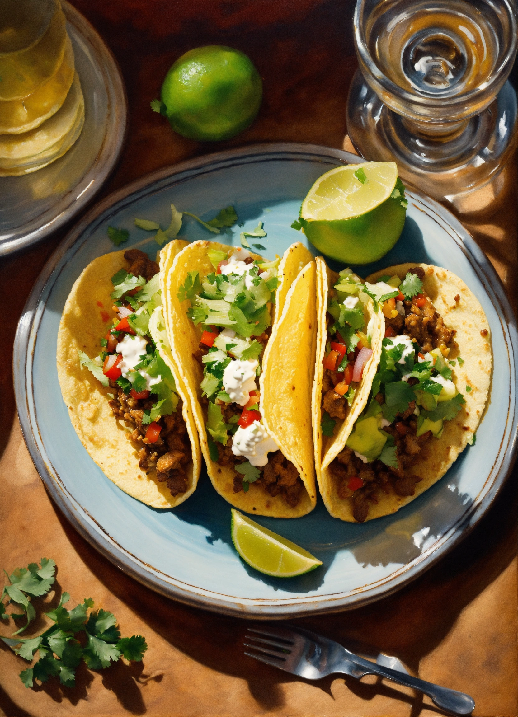 Lexica - Still life oil painting of tacos on a plate, top down view, in ...