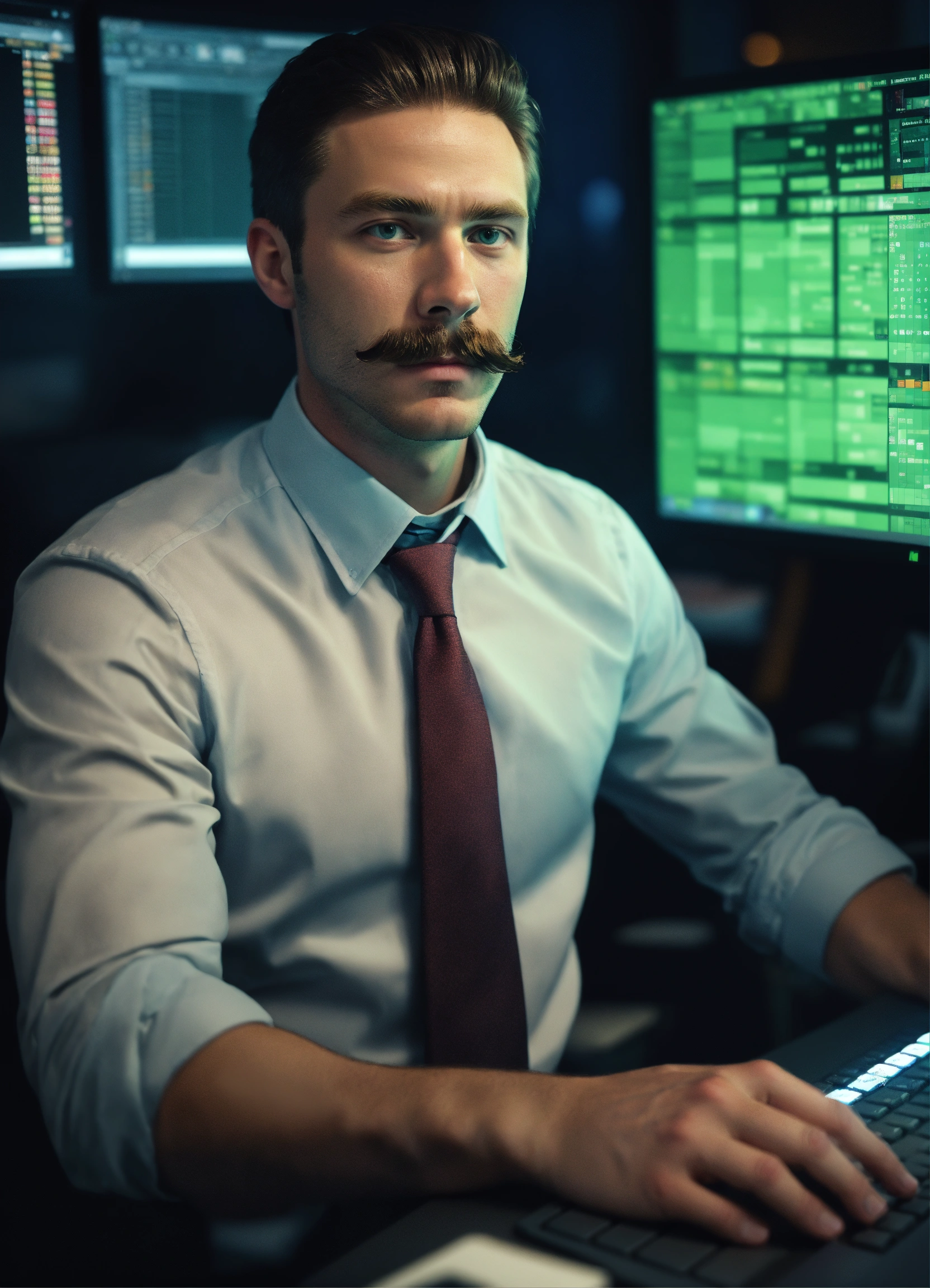 Lexica - Young, white male investment banker with mustache sitting at ...