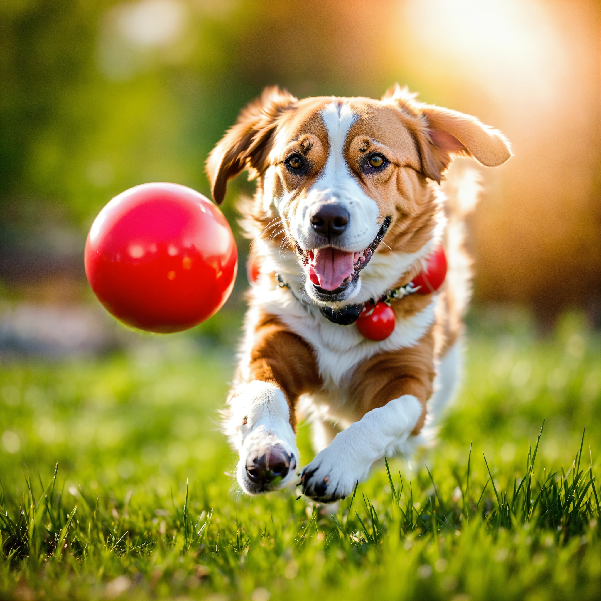Lexica - A photo of a dog playing with a red ball. The dog is happy and ...