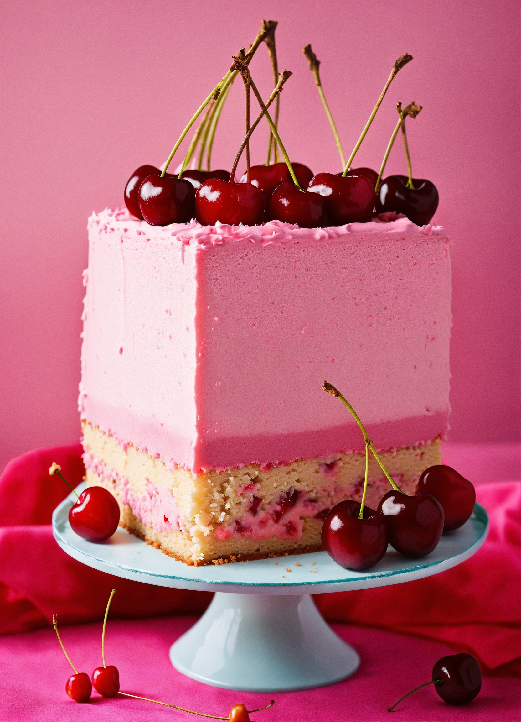 Lexica - A pink rectangle cake with cherries
