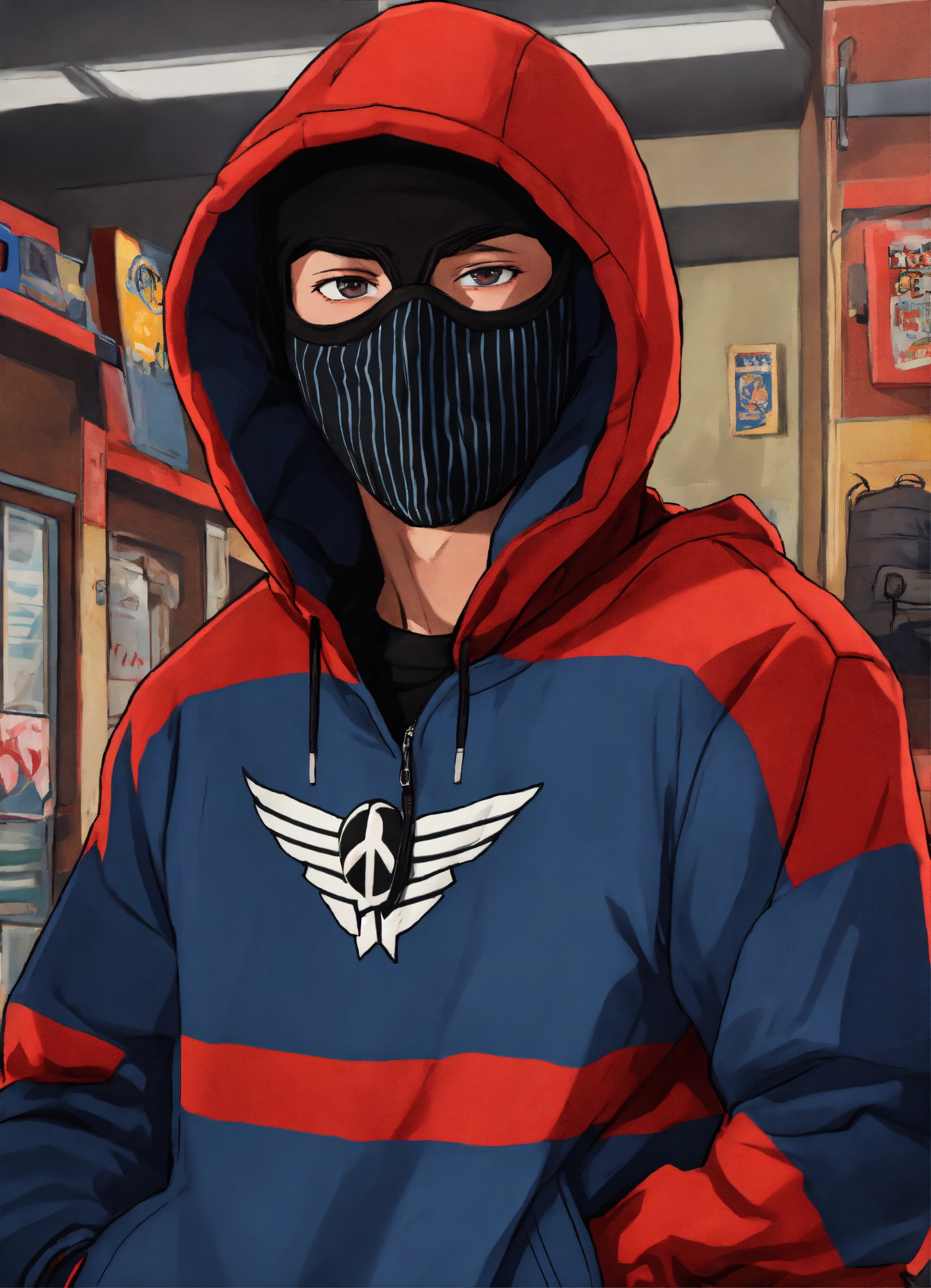 Lexica - Animated cartoon with a black ski mask with stripes, red shirt ...