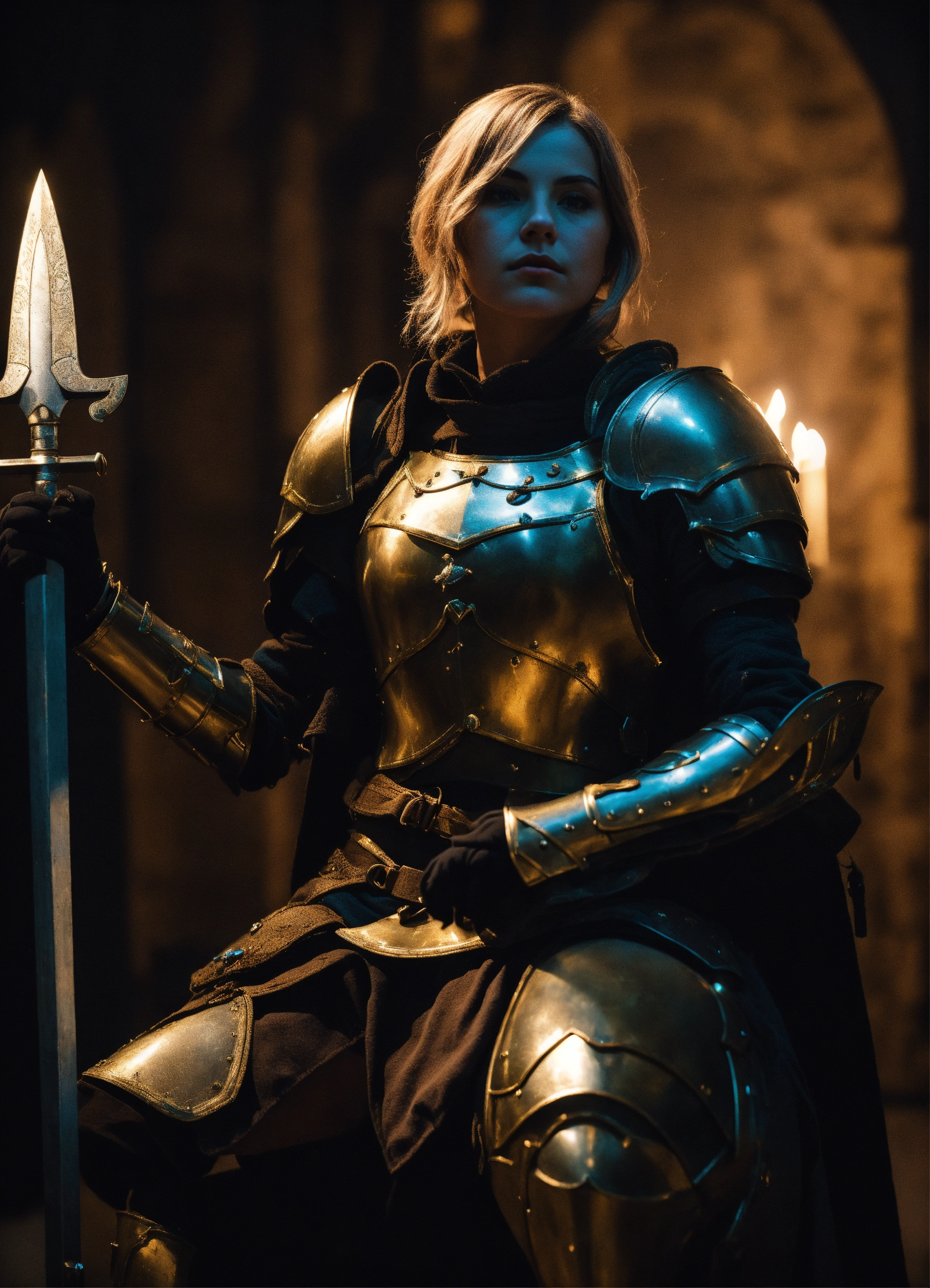 Lexica - Joane of arc to sitting in with her armure on in dark place ...