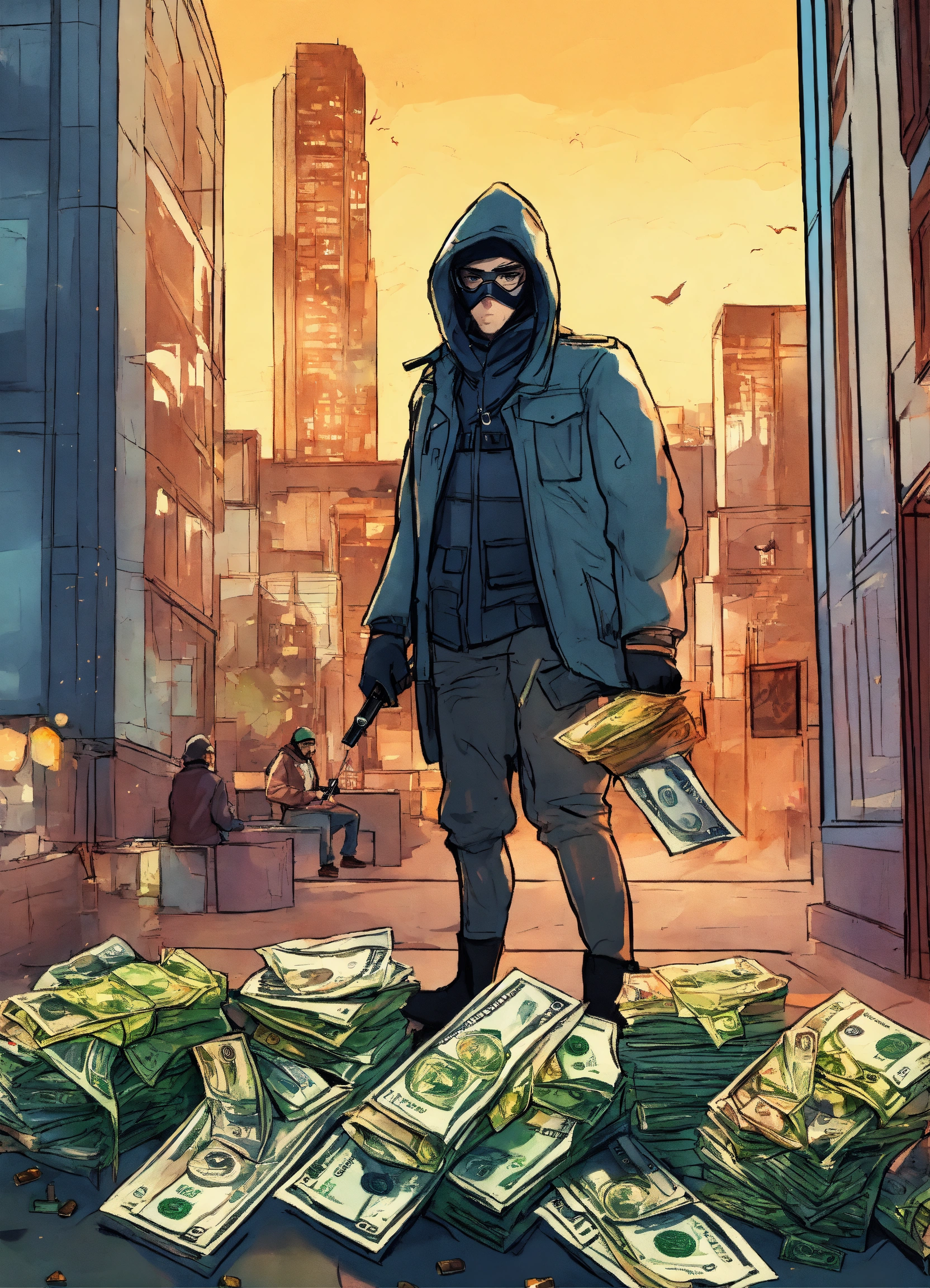 Lexica - Bank robber, drawing, art, 4k, cartoon style , big bundle of ...