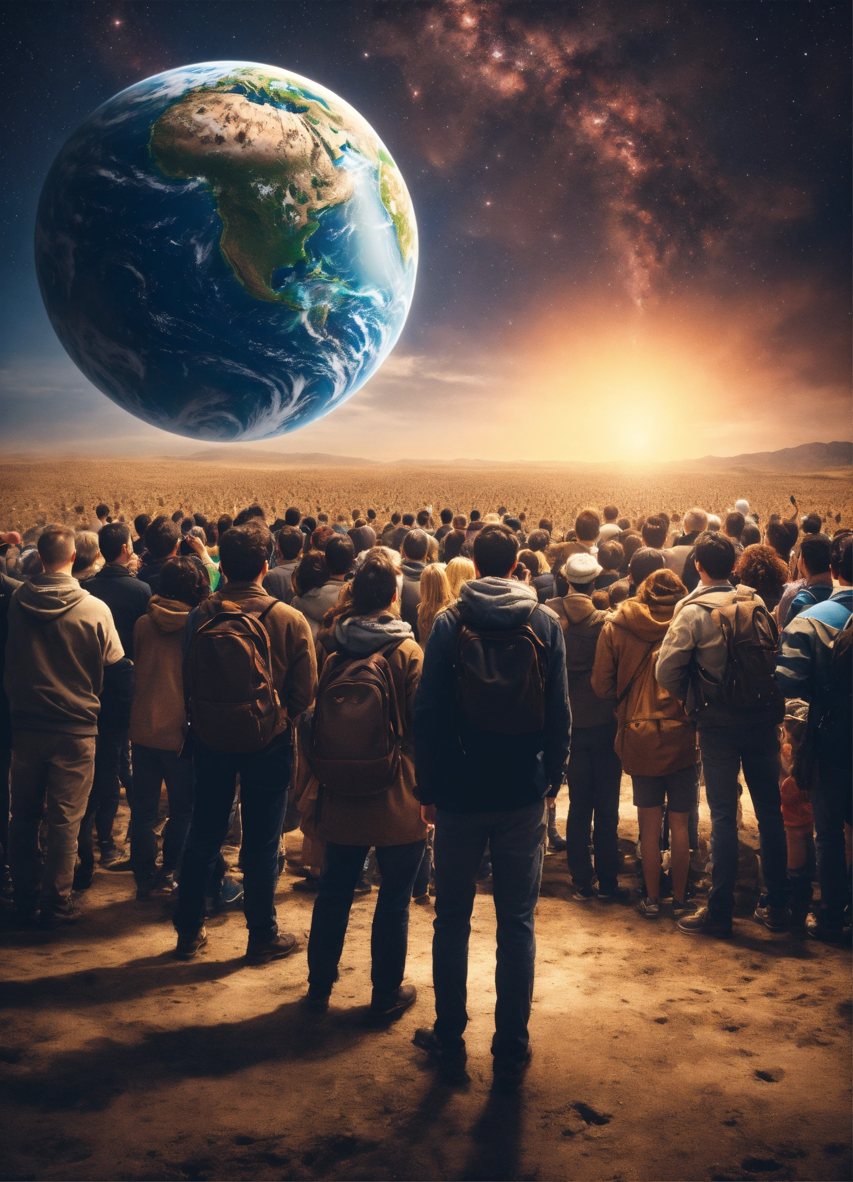 Lexica - A crowd of people standing with their back to the viewer and ...