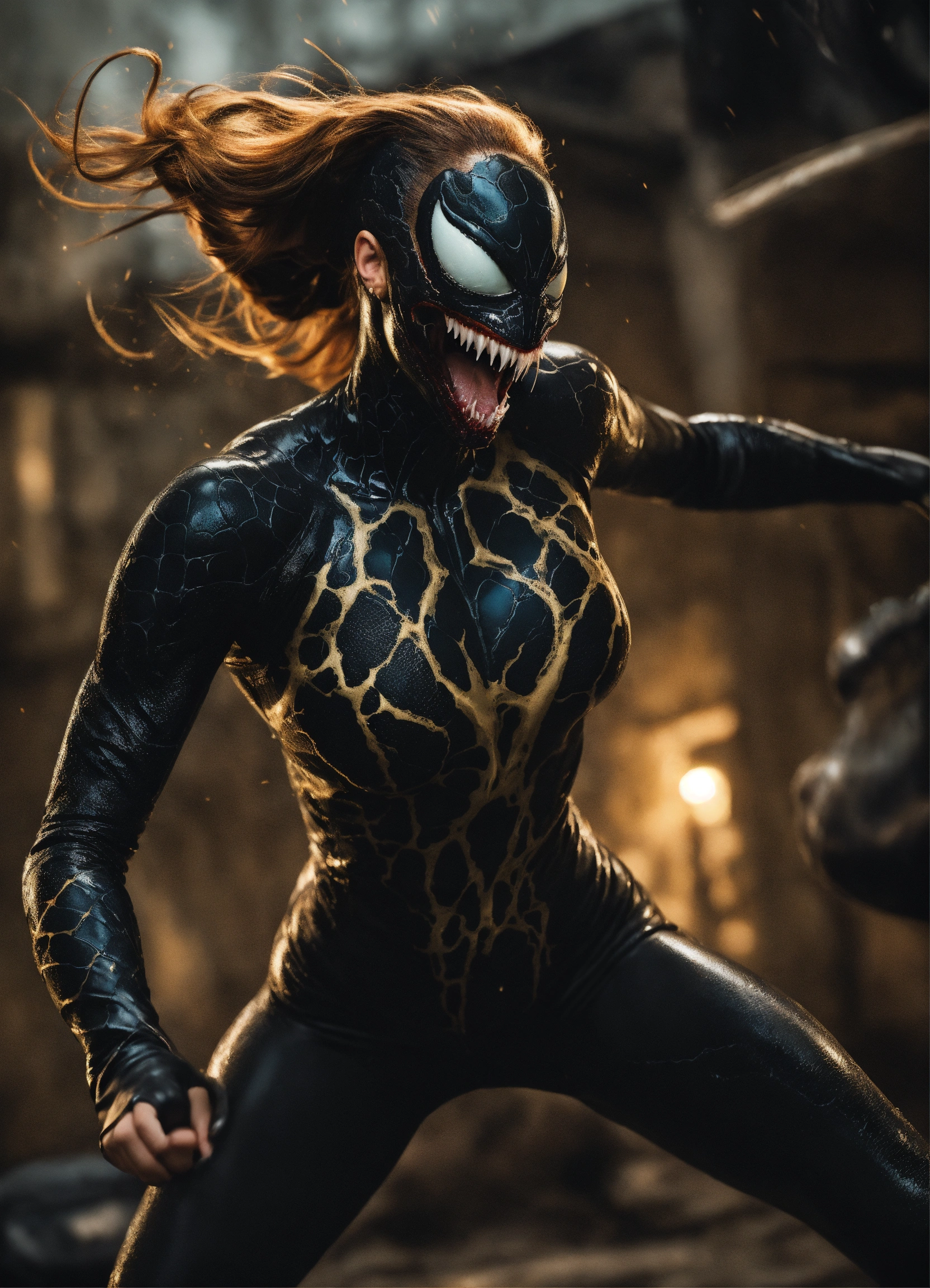 Lexica - An ultrarealistic full body photograph of woman fighting venom ...