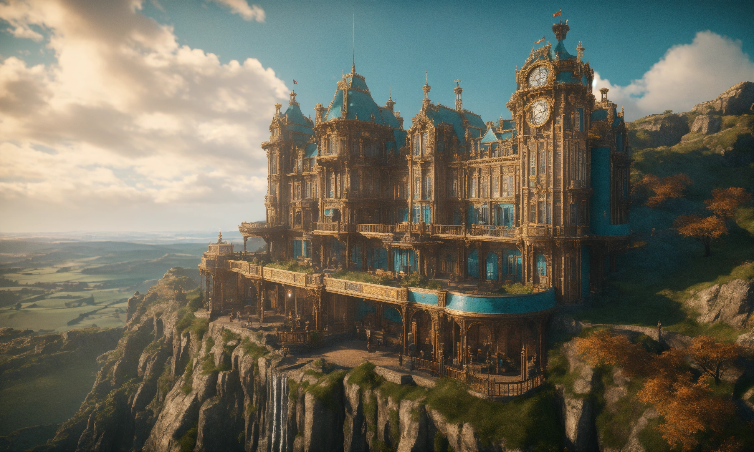Lexica - Full image of a massive teal and bronze steampunk palace on a ...
