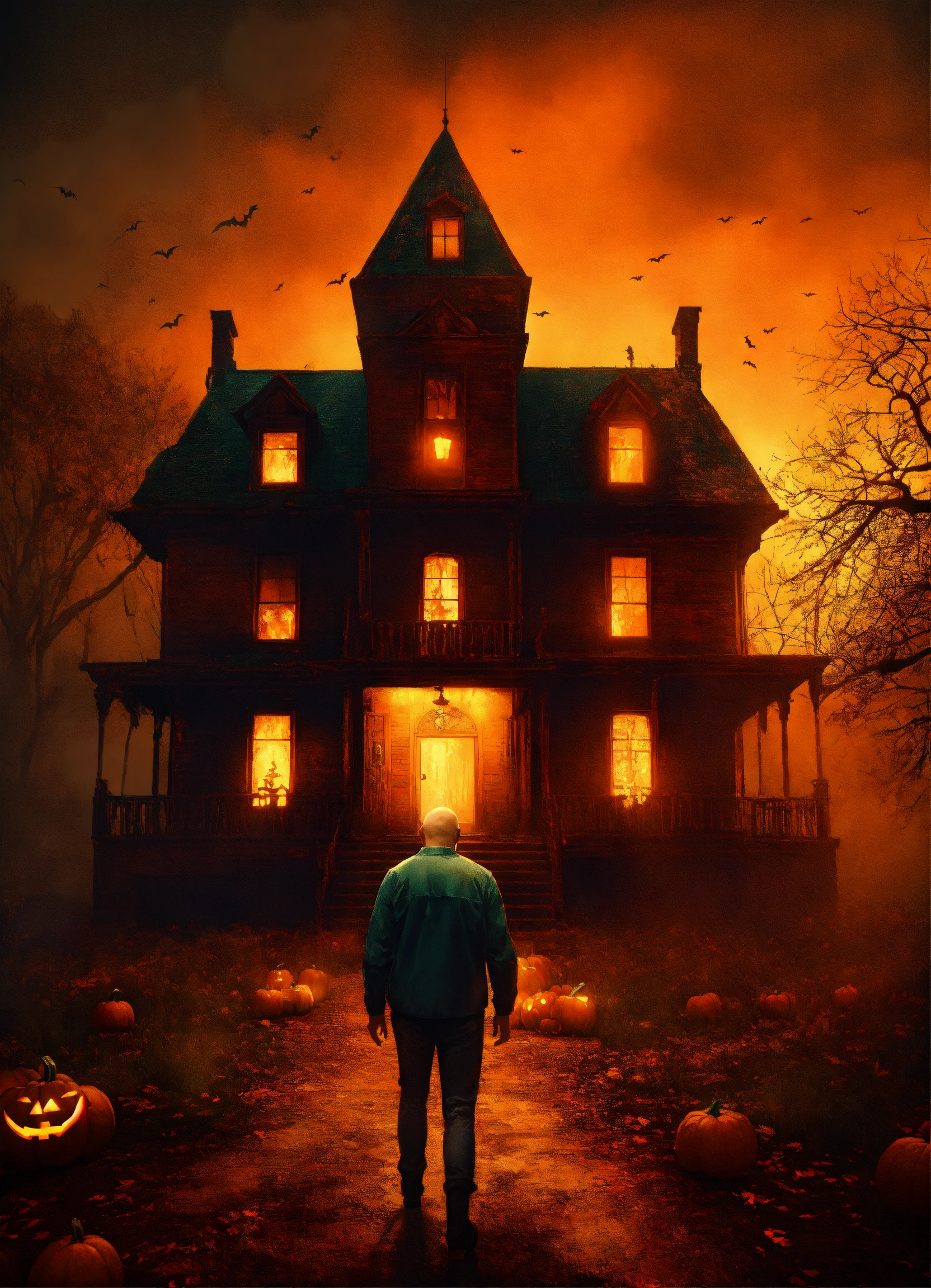 Lexica - Bald man with beard Haunted house during Halloween at night ...