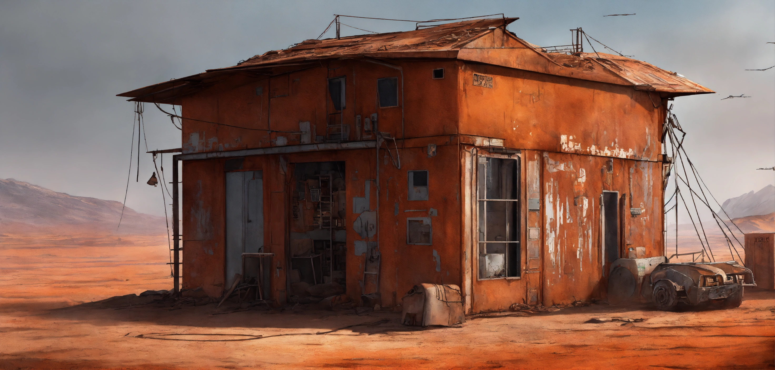Lexica - Conept art, post apocalyptic, wasteland, sheet metal huts ...