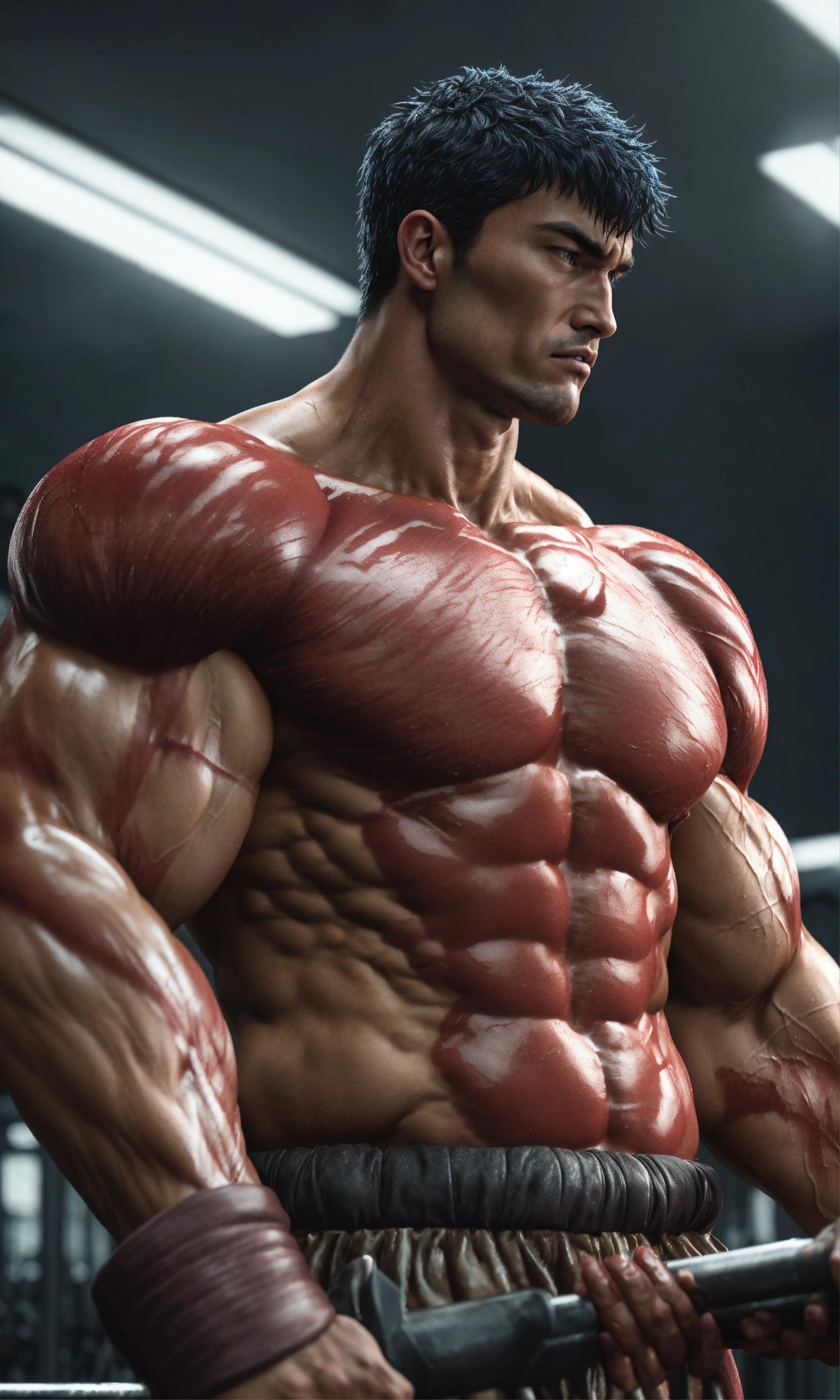 Lexica - Guts from berserk, muscular, in a fitness gym, muted palette ...