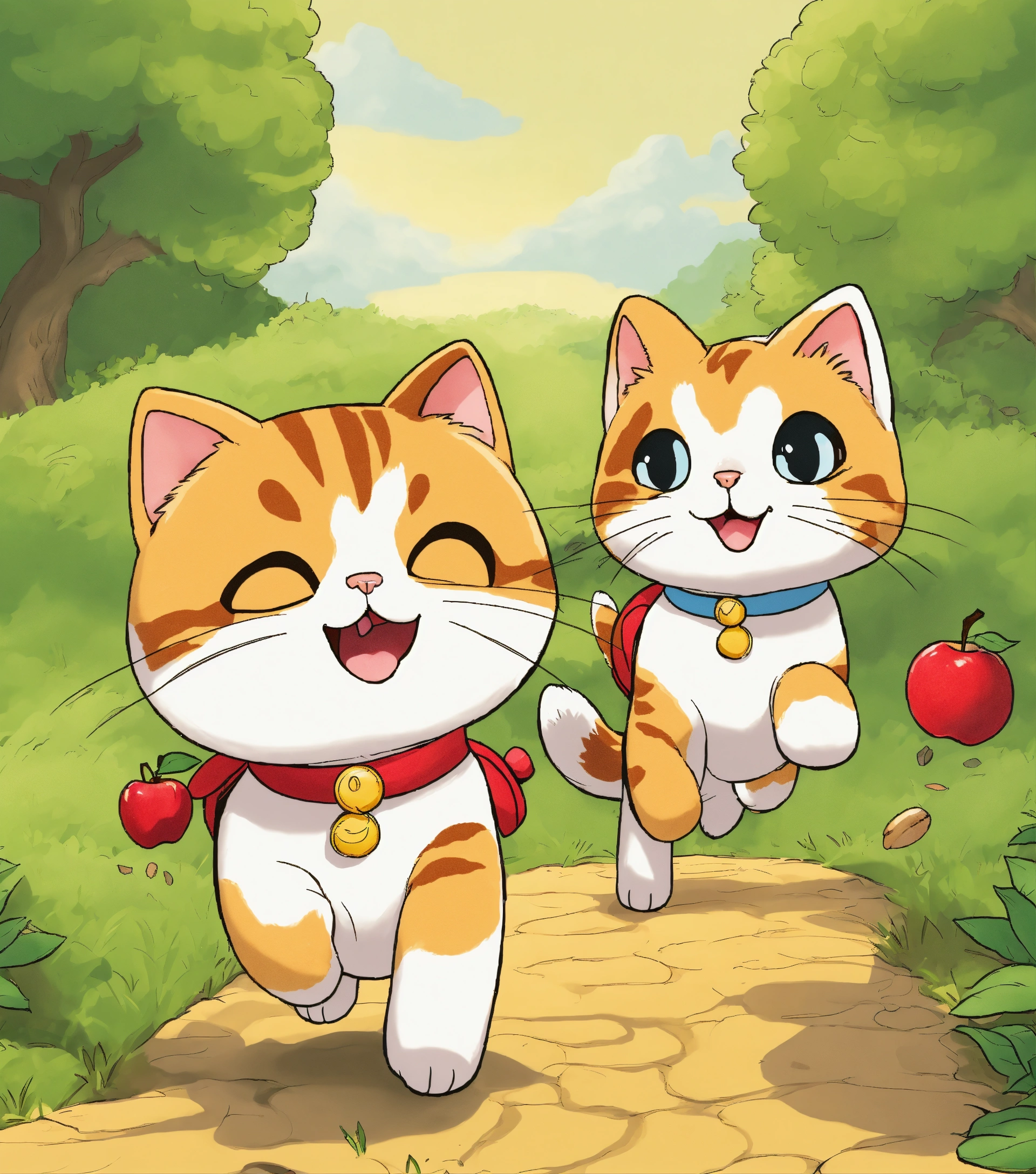 Lexica - Cartoon of apple and tama cat run together