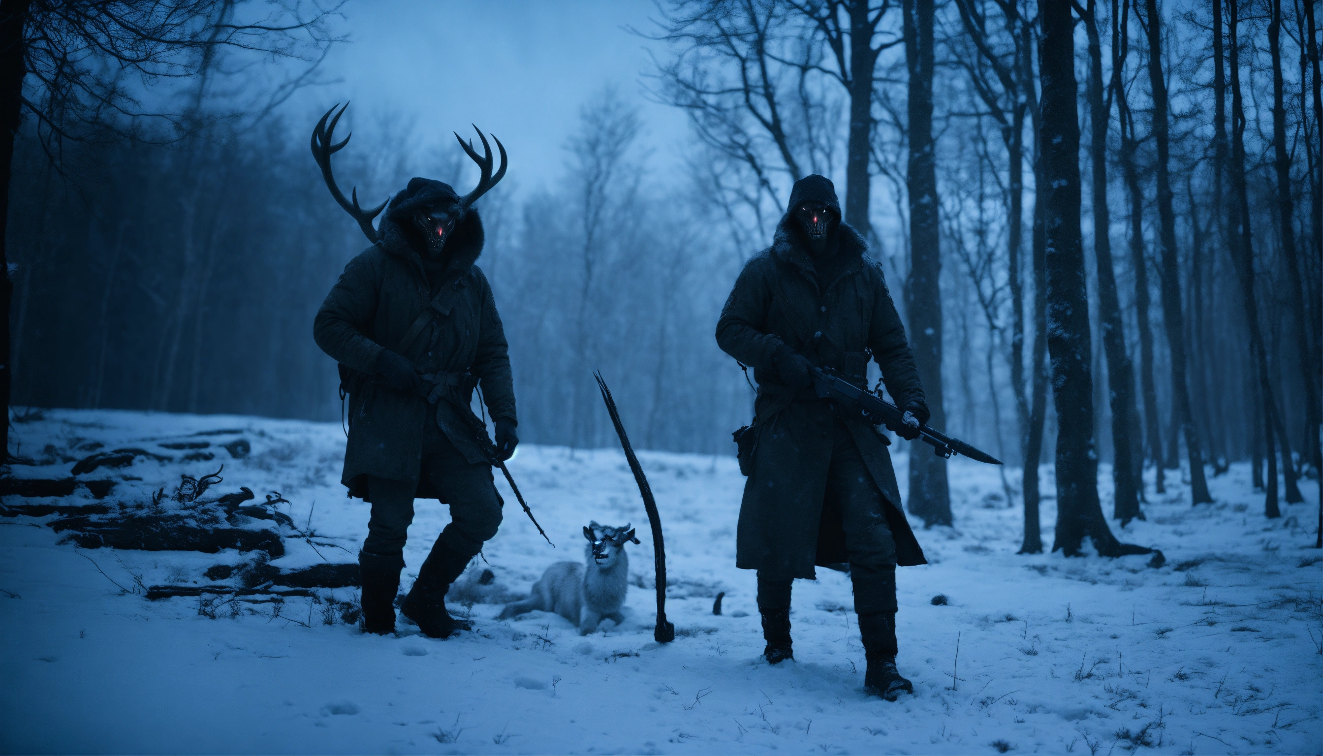 Lexica - Hunters and wendigo in dark snow forest. night. cinematic ...