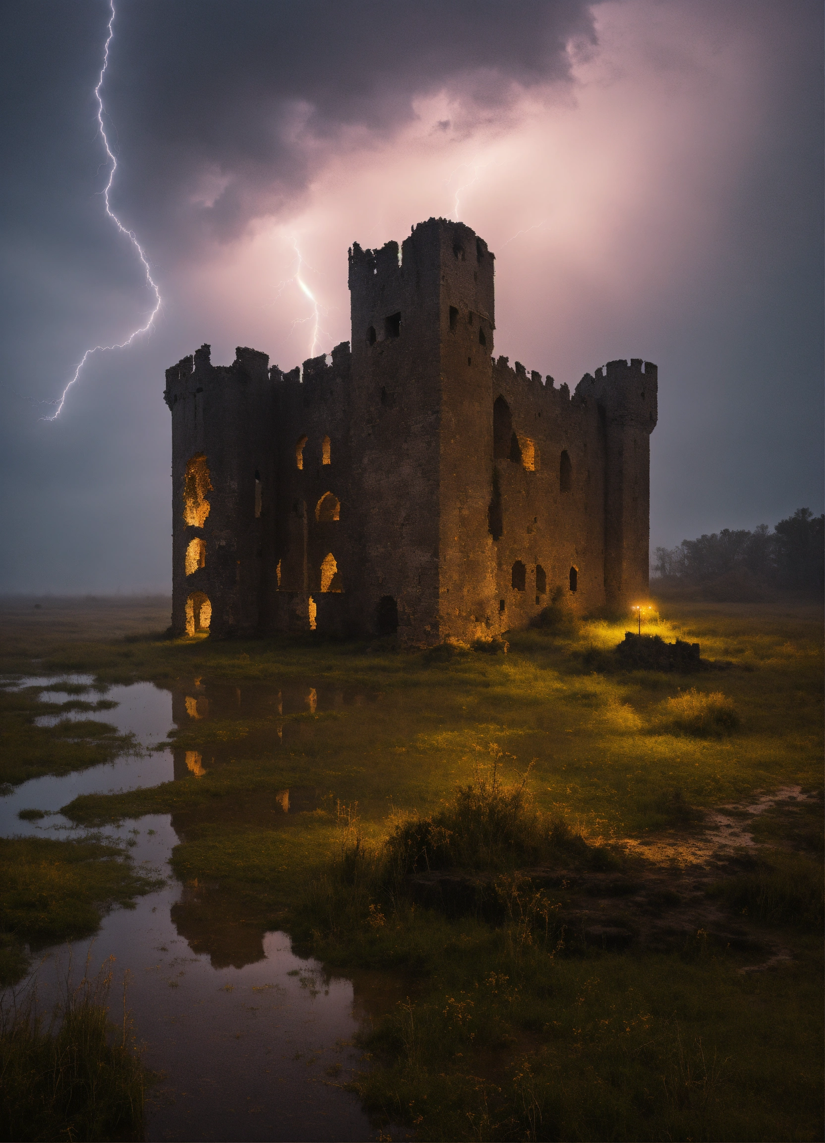 Lexica - Ruin of a stone castle in the middle of a foggy barren swamp ...