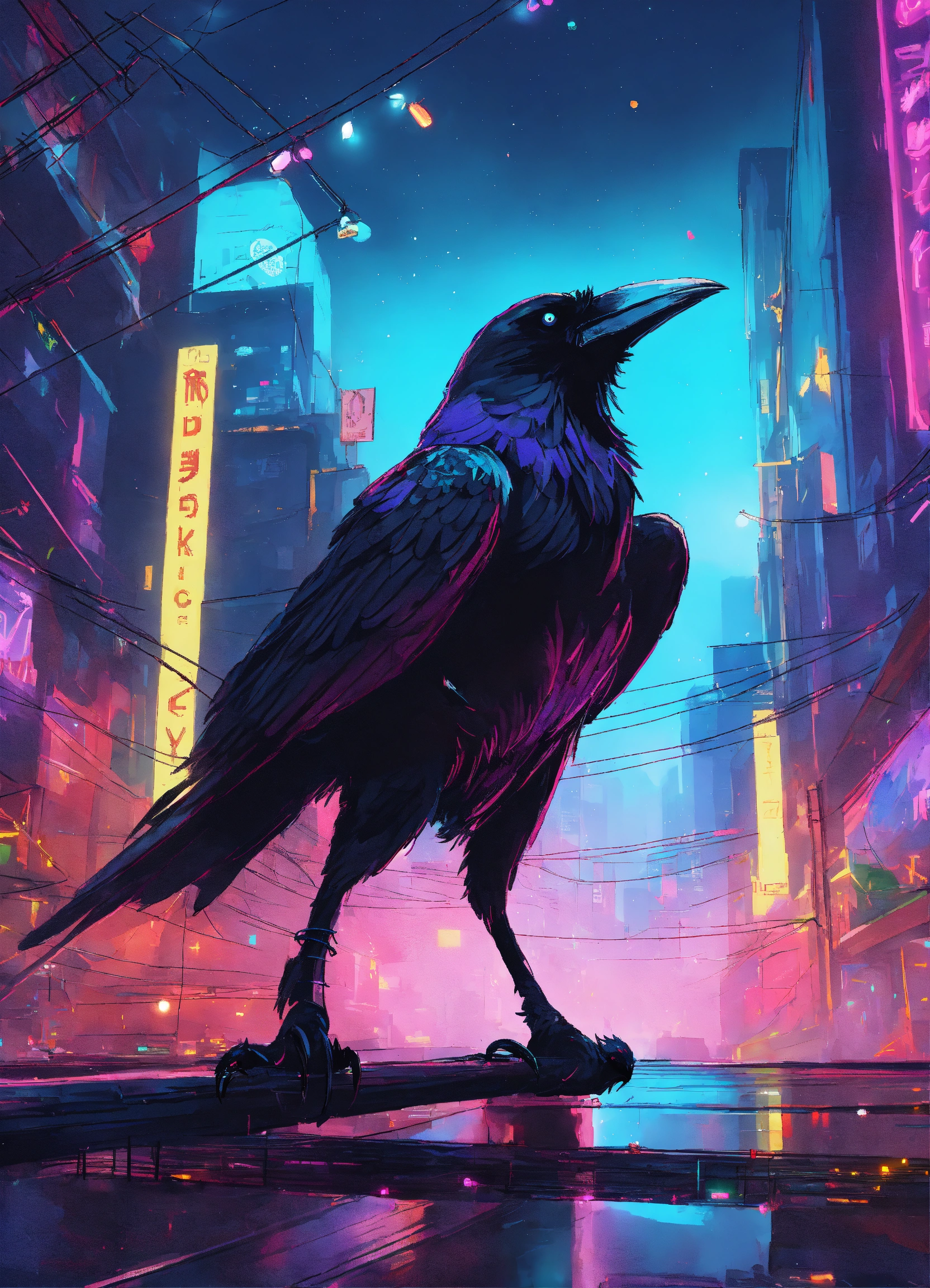Lexica - A giant RAVEN rampaging through a neon cyberpunk city ...