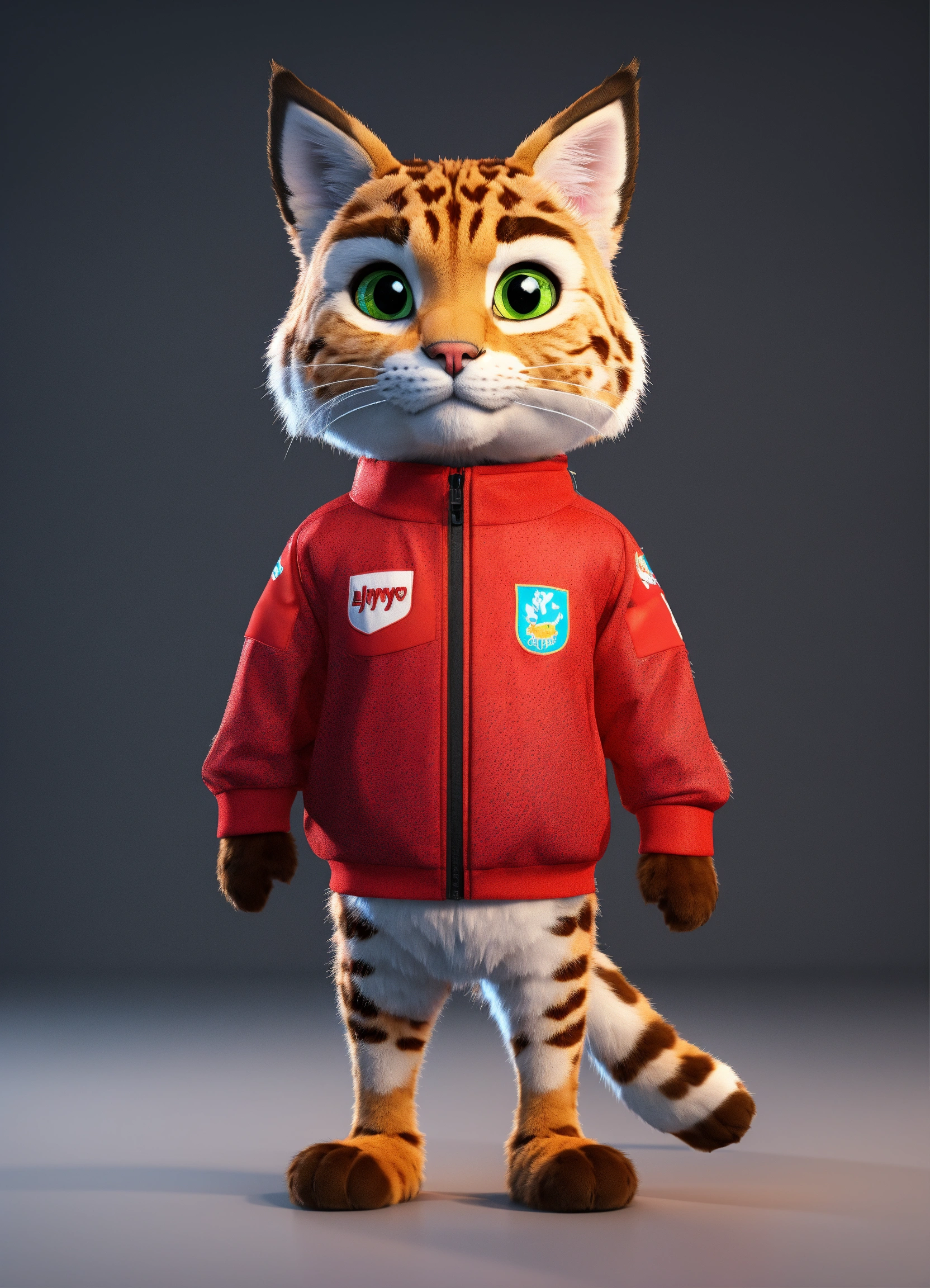 Lexica - Lynx female cat as a mascott, standing straight, wearing red ...