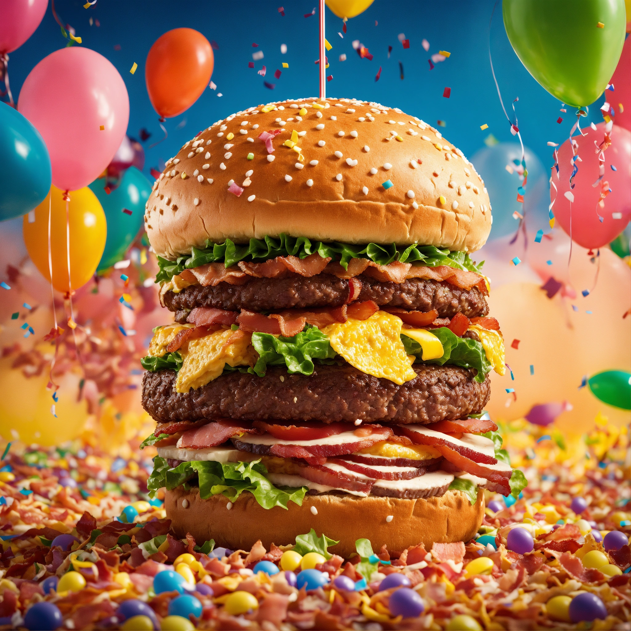Lexica - A very tall hamburger made out of party balloons, confetti and ...
