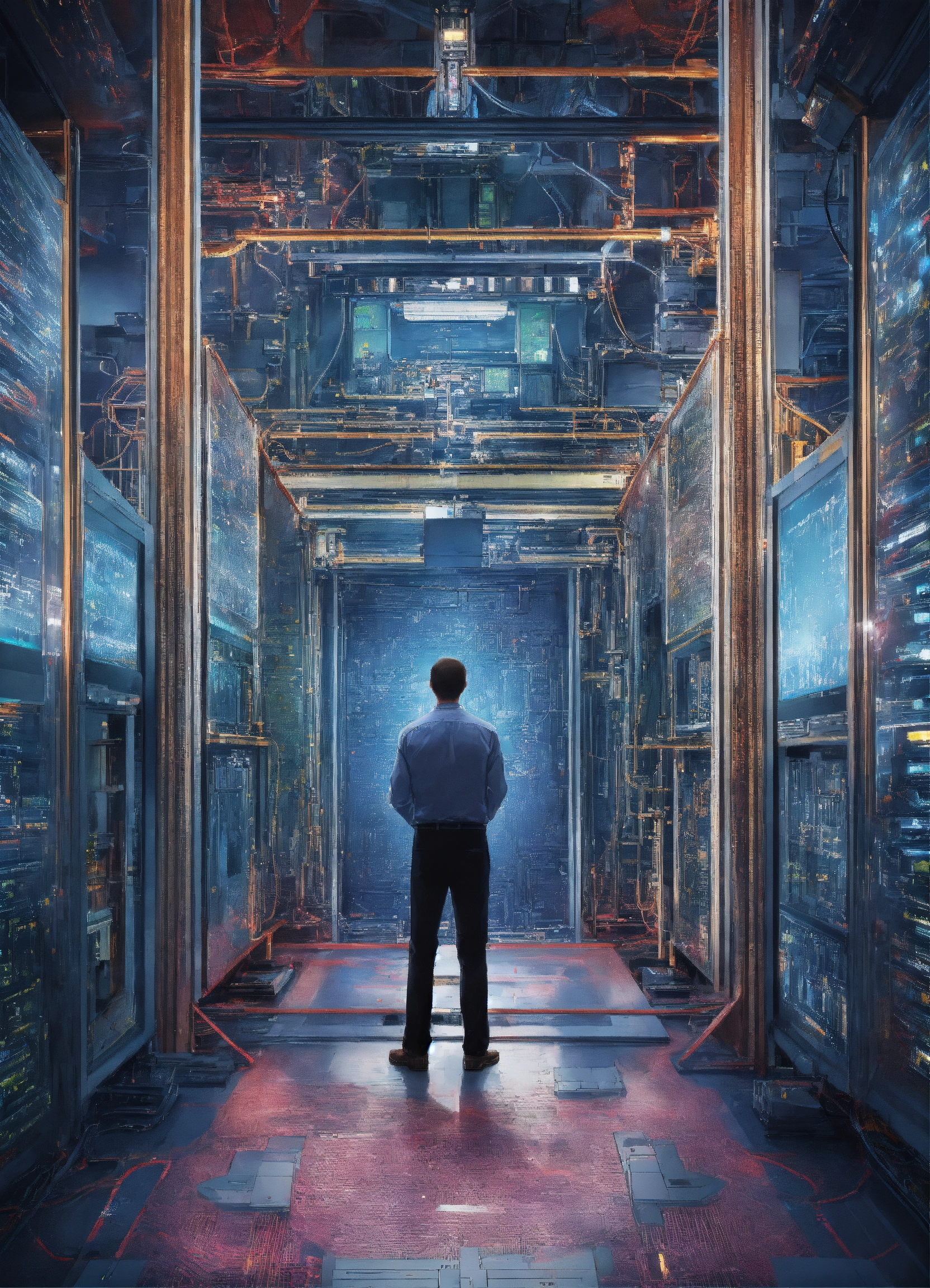 Lexica - A huge quantum computer, with a man near it (sorprised) all ...