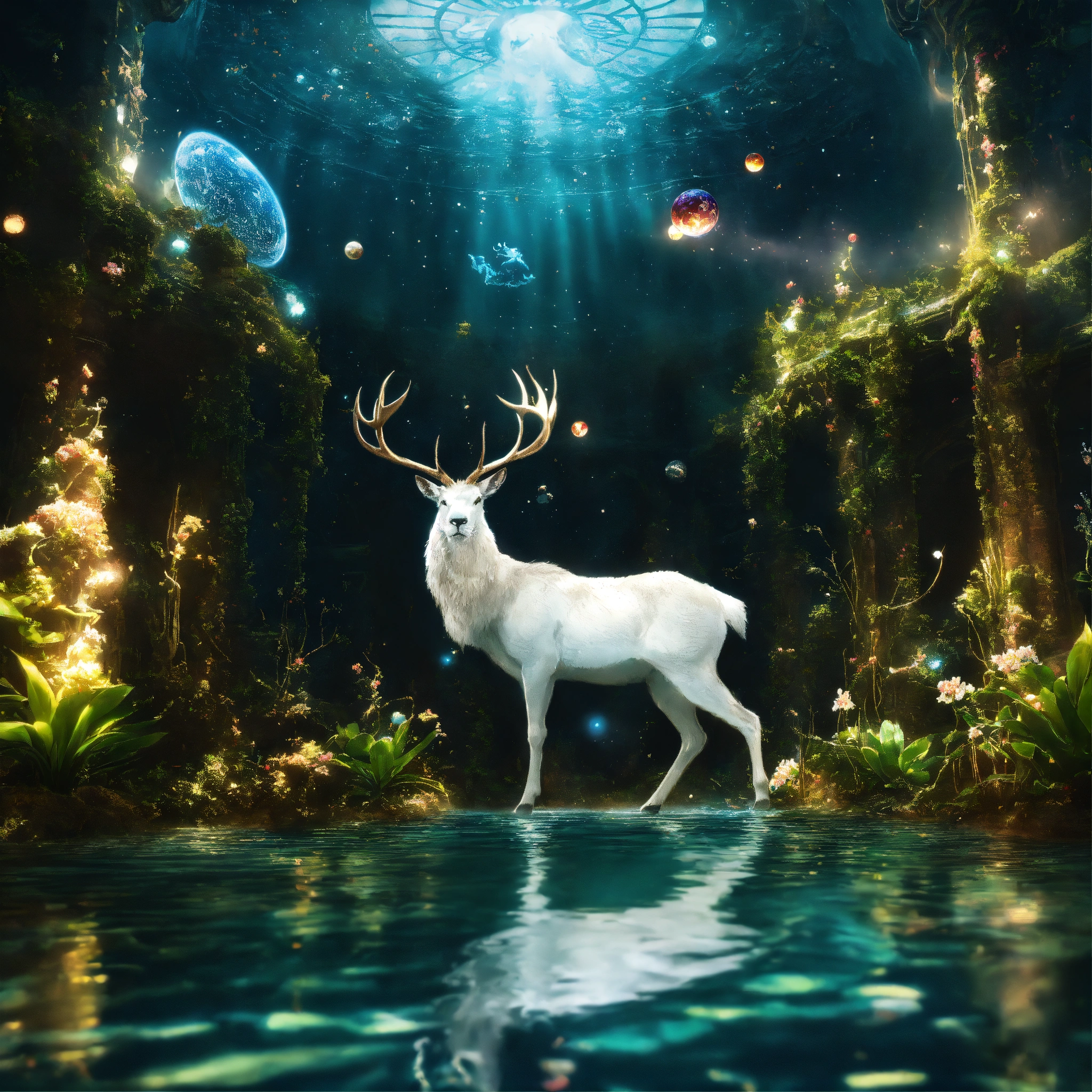 Lexica - Underwater long exposure photography, a giant white elk flying ...
