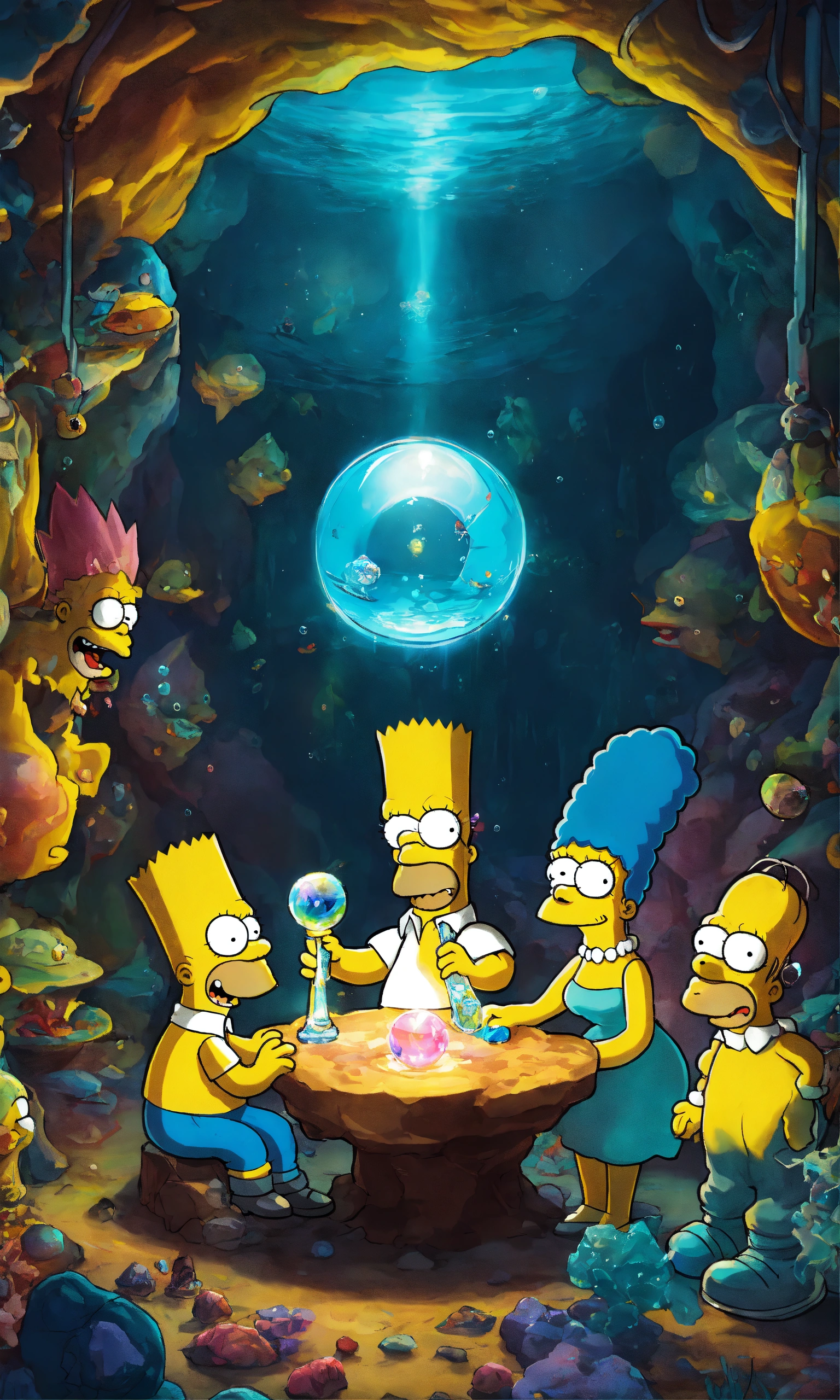 Lexica - Simpsons characters illuminati in an underwater cave with a ...