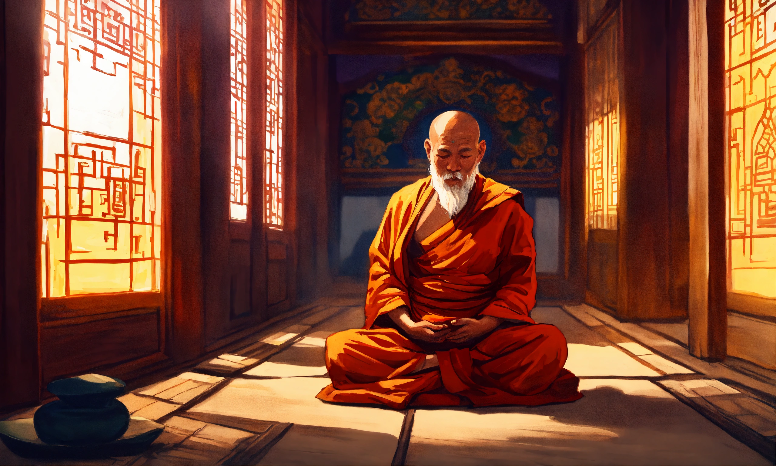 Lexica - A hand drawn painting of an old Buddhist monk engrossed in ...