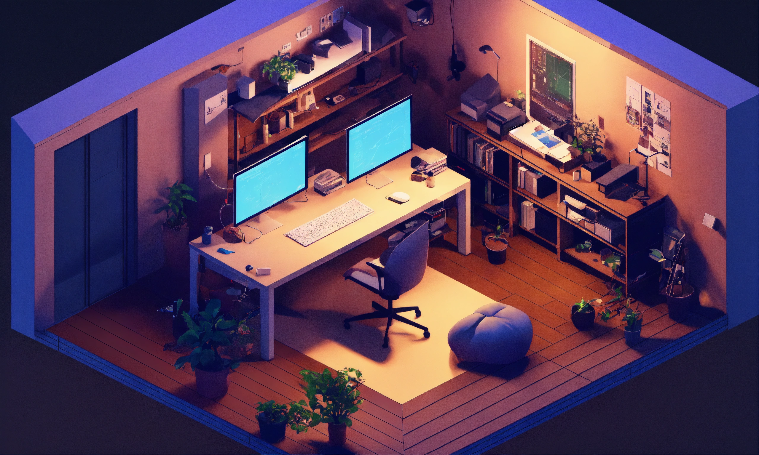 Lexica - A programmer in front of his computer station, isometric cube ...