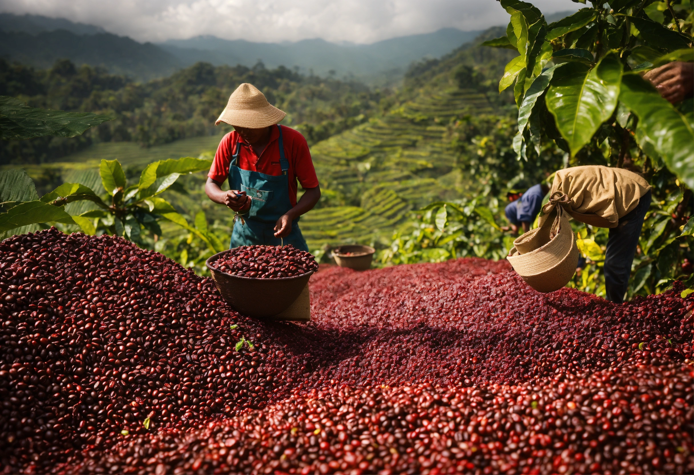 Lexica - Workers collecting coffee beans on coffee plantations