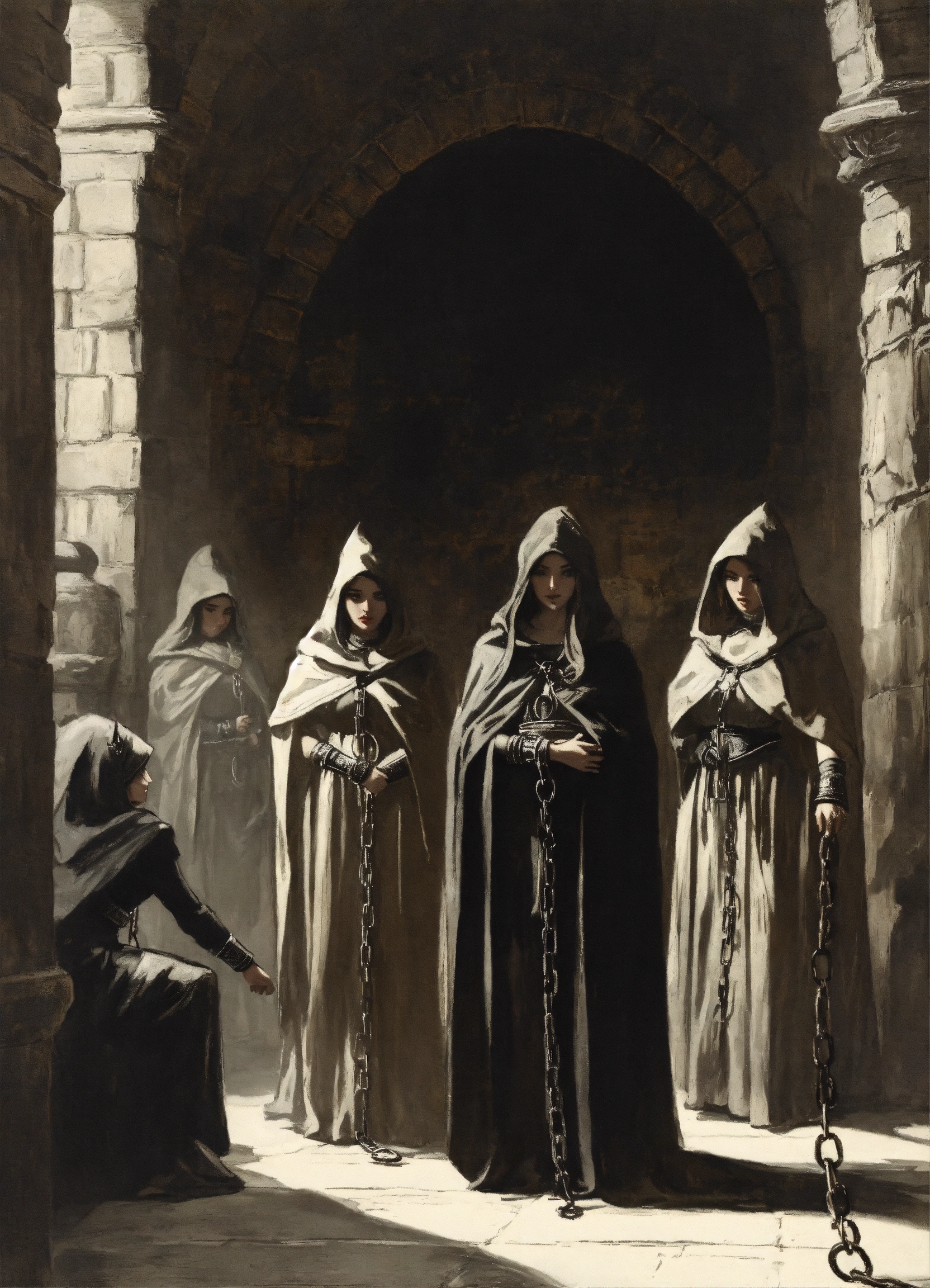 Lexica - Demon Priestesses, shackled in dungeon, tight cloaks ...
