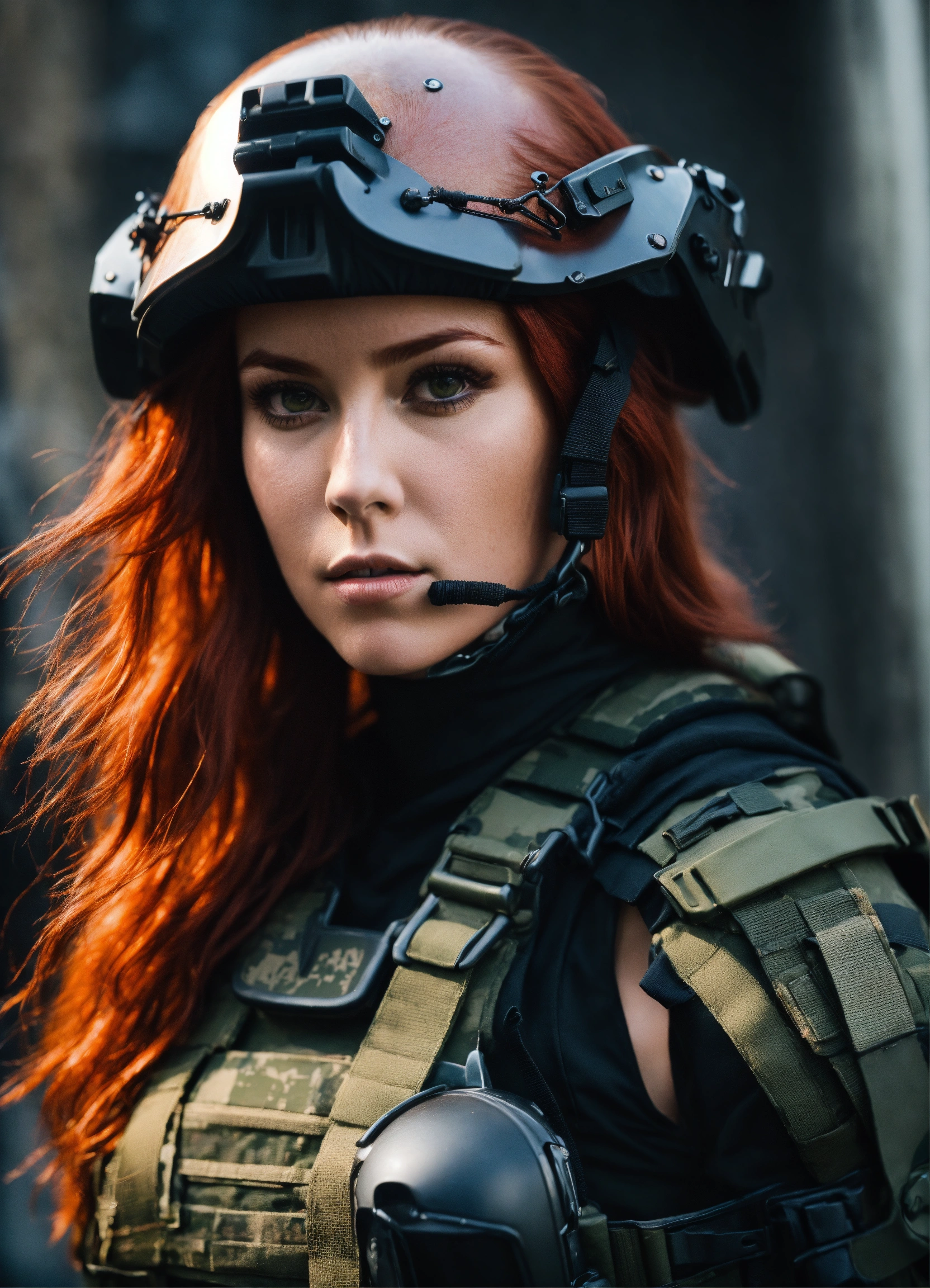 Lexica - Female athletic red hair model wearing black metal military ...