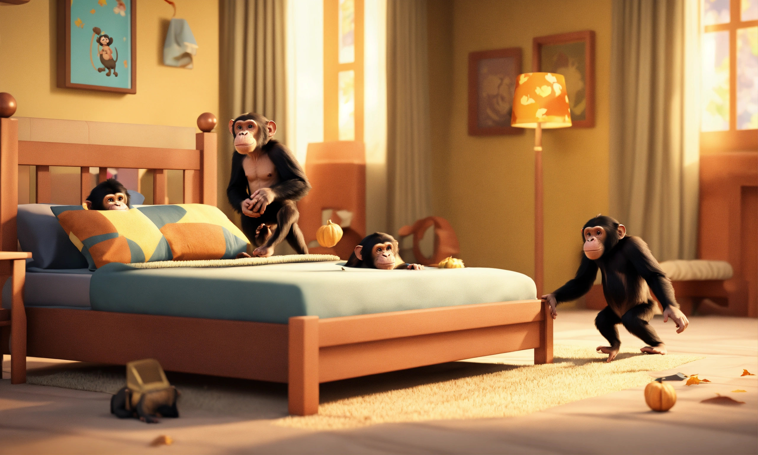 Lexica - One little monkey jumping on the bed, and one chimpanzee is ...
