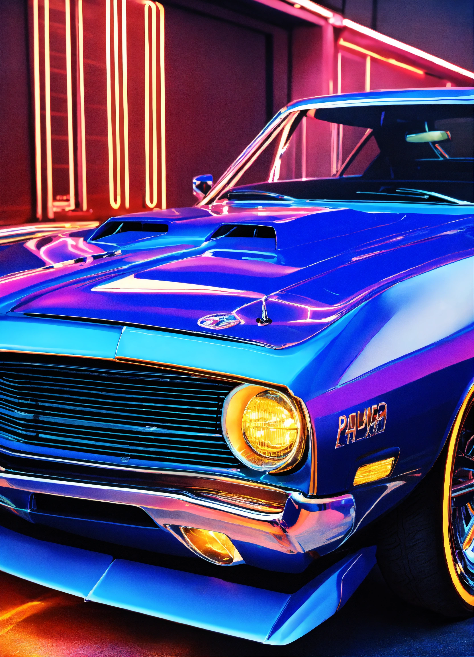 Lexica - A blue muscle car, neon, high detailed