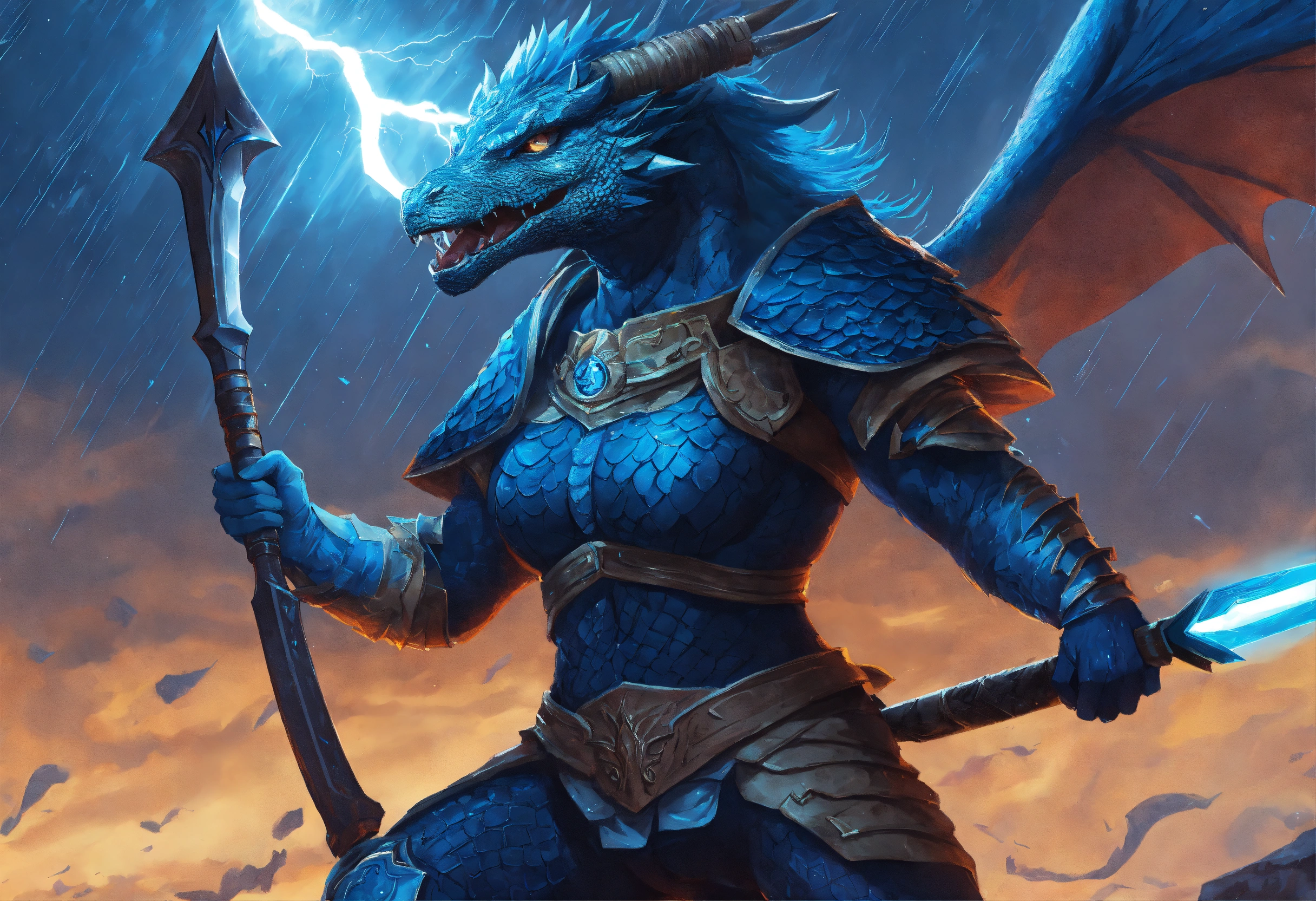Lexica - A body shot of a female blue Dragonborn warrior, with a tail ...