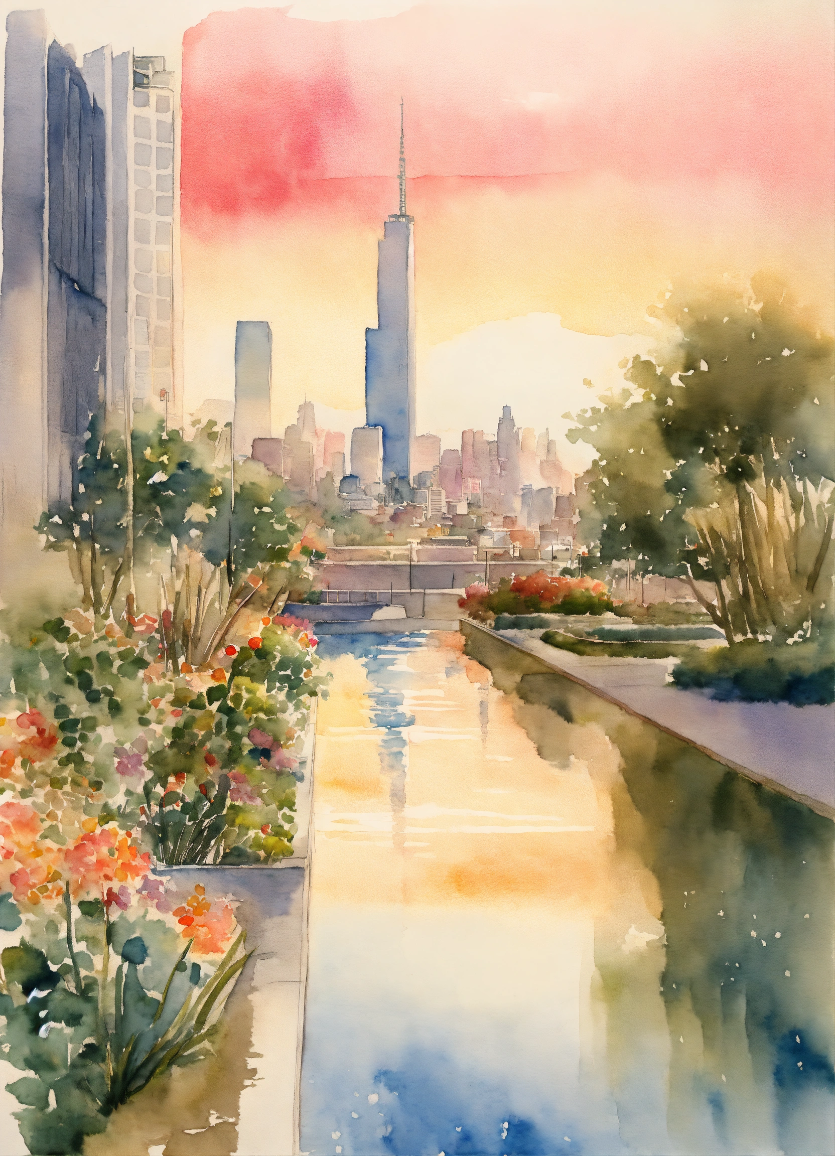 Lexica - Watercolour, reverse perspective, City Skyline, Garden, Ocean ...
