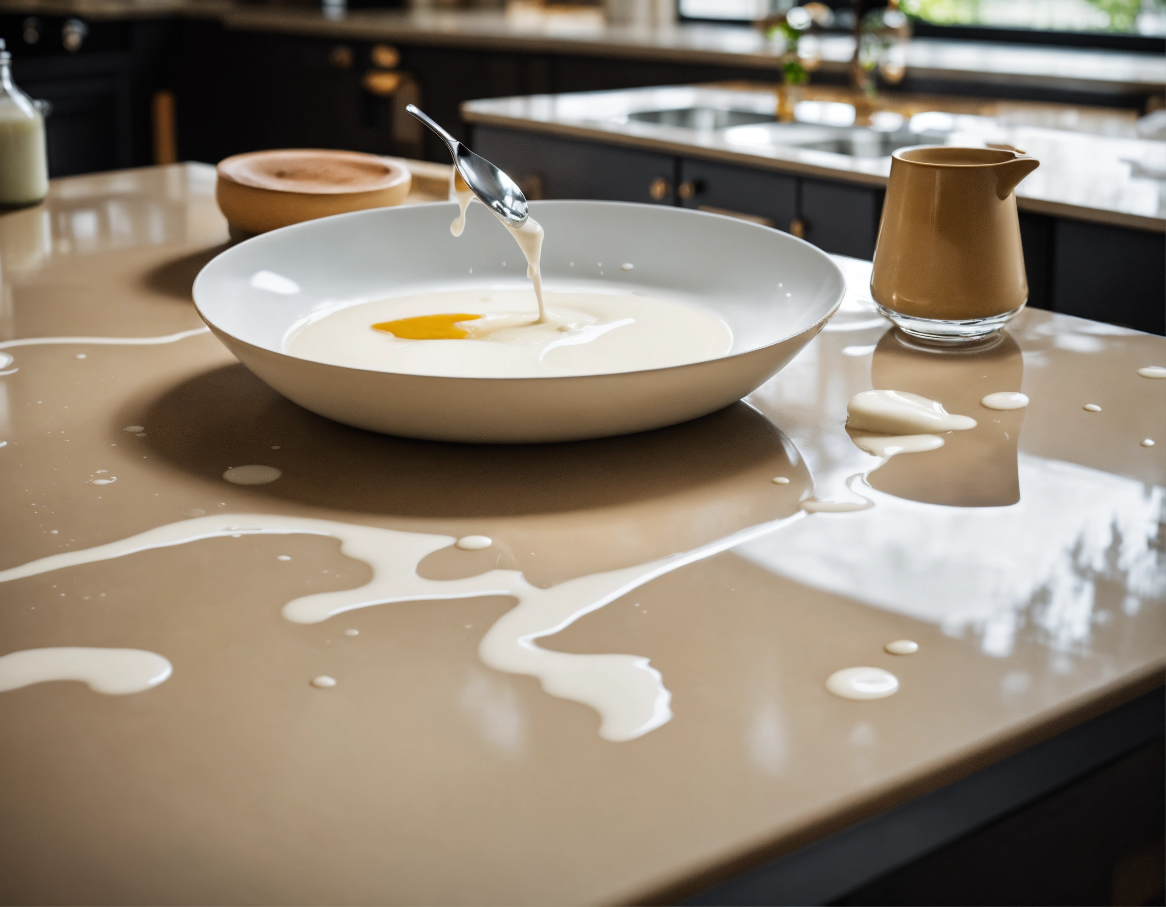 Lexica - Luxury modern kitchen table, countertop with spilled milk puddle