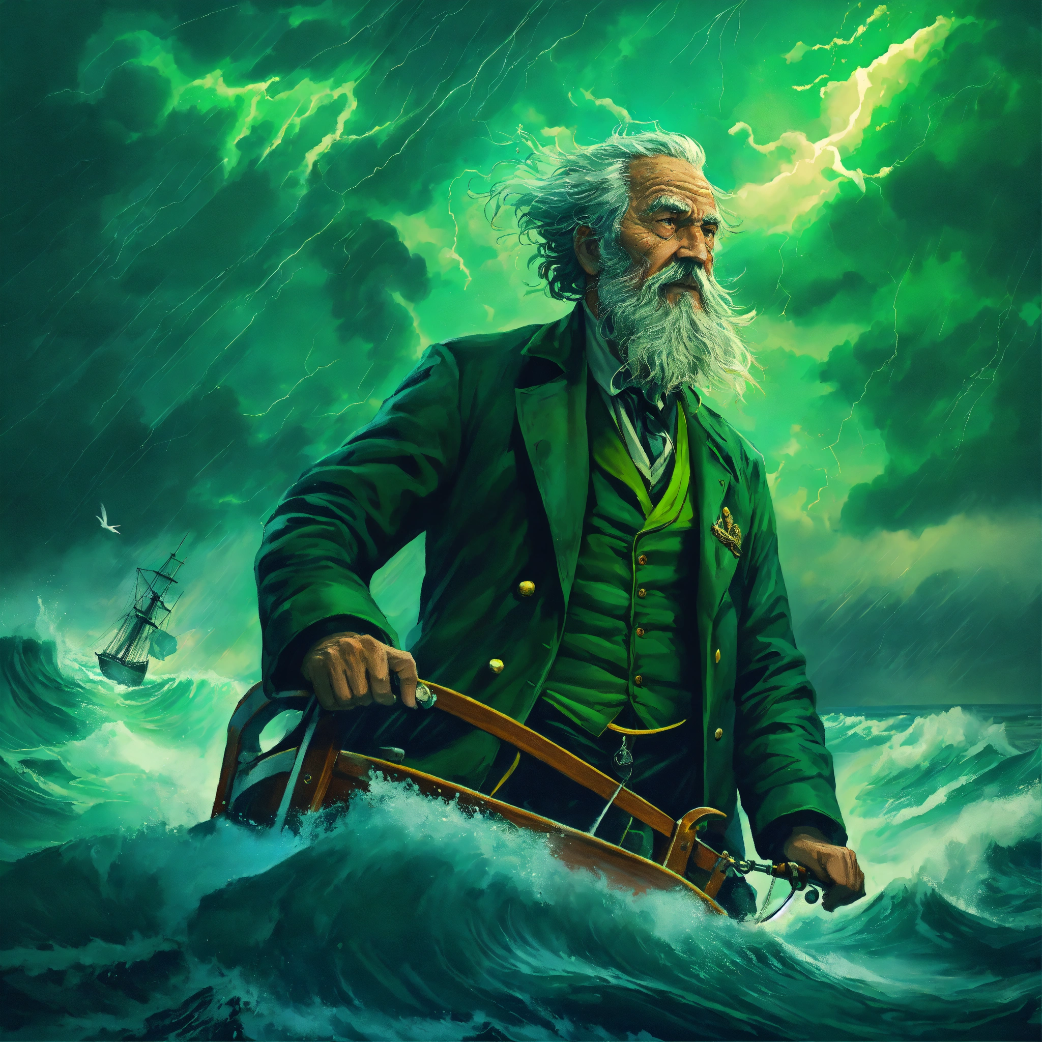 Lexica - An determined old sea captain with a weathered face steering ...