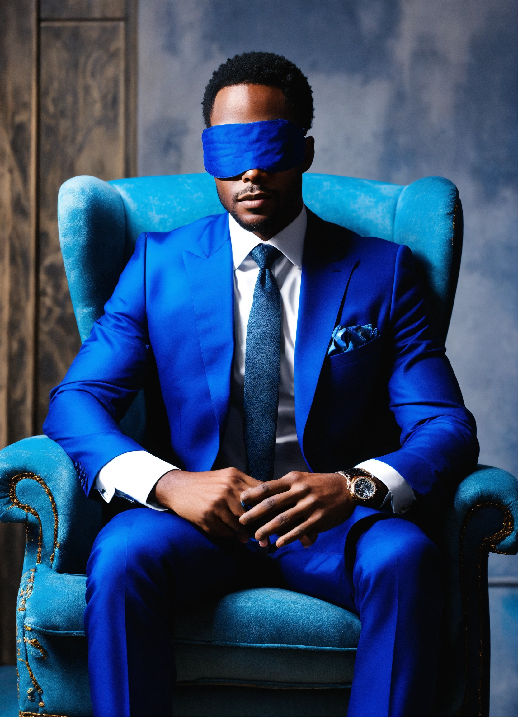 Lexica - A black man in a suit and sunglasses sitting in a blue chair ...