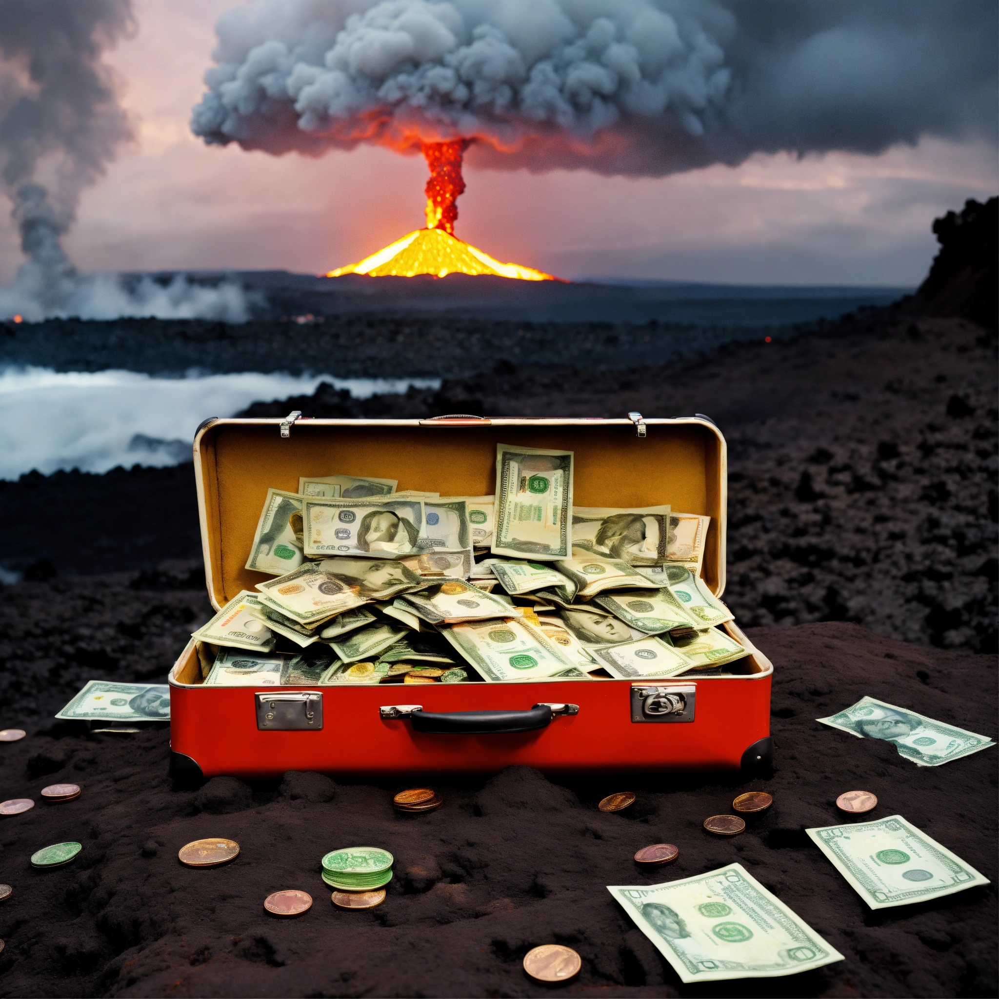 Lexica - A suitcase full of money lies in the lava of a volcano.