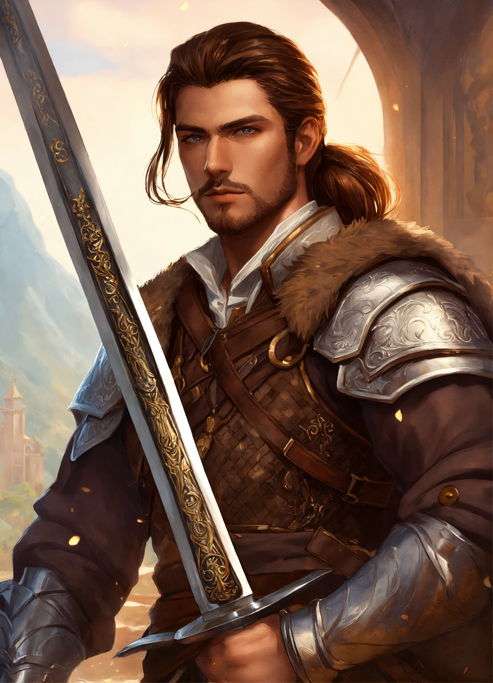 Lexica - "heroic male swordsman", brown hair, fantasy, ponytail ...