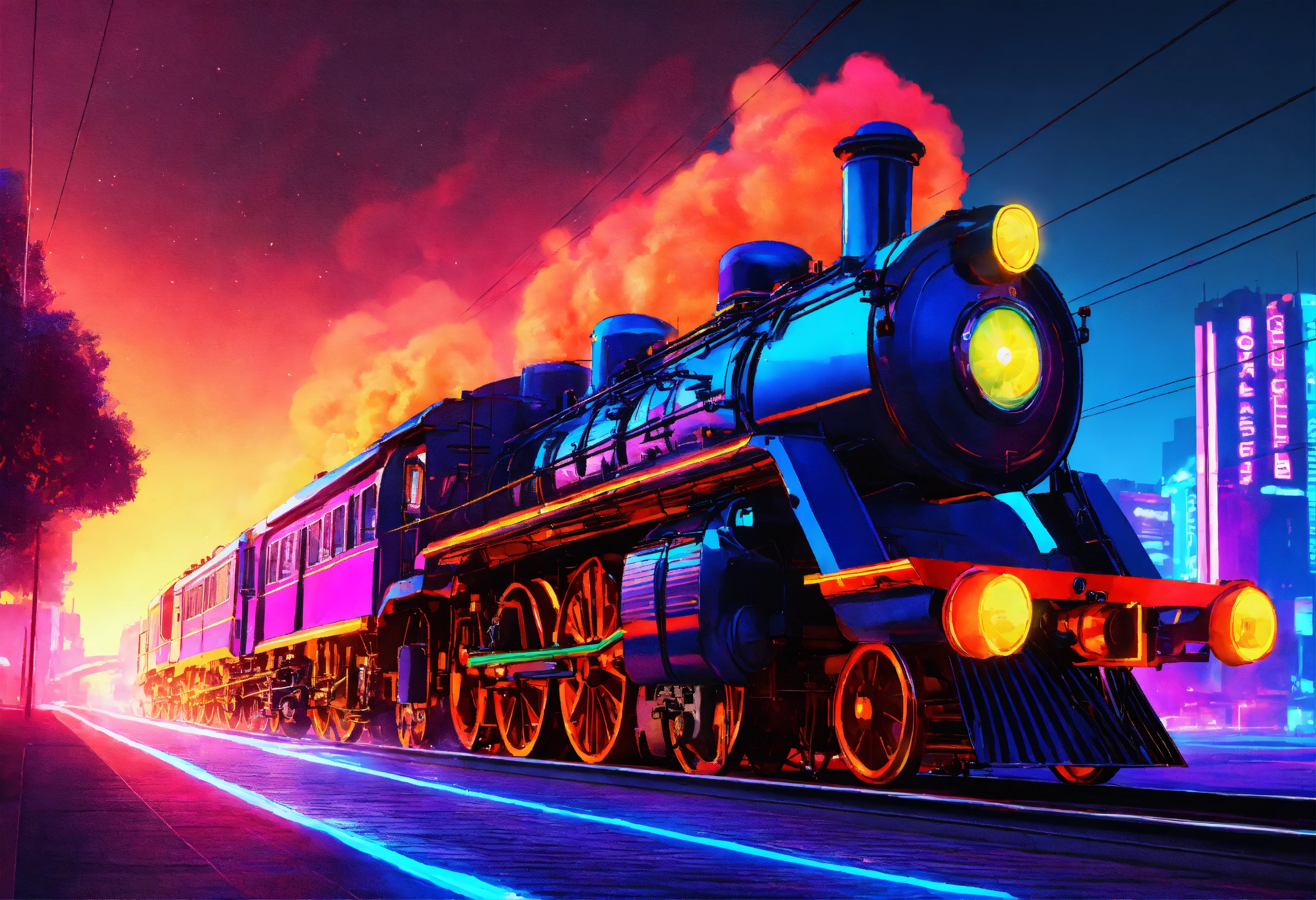 Lexica - 8k , masterpiece,Future steam locomotive in Neon City