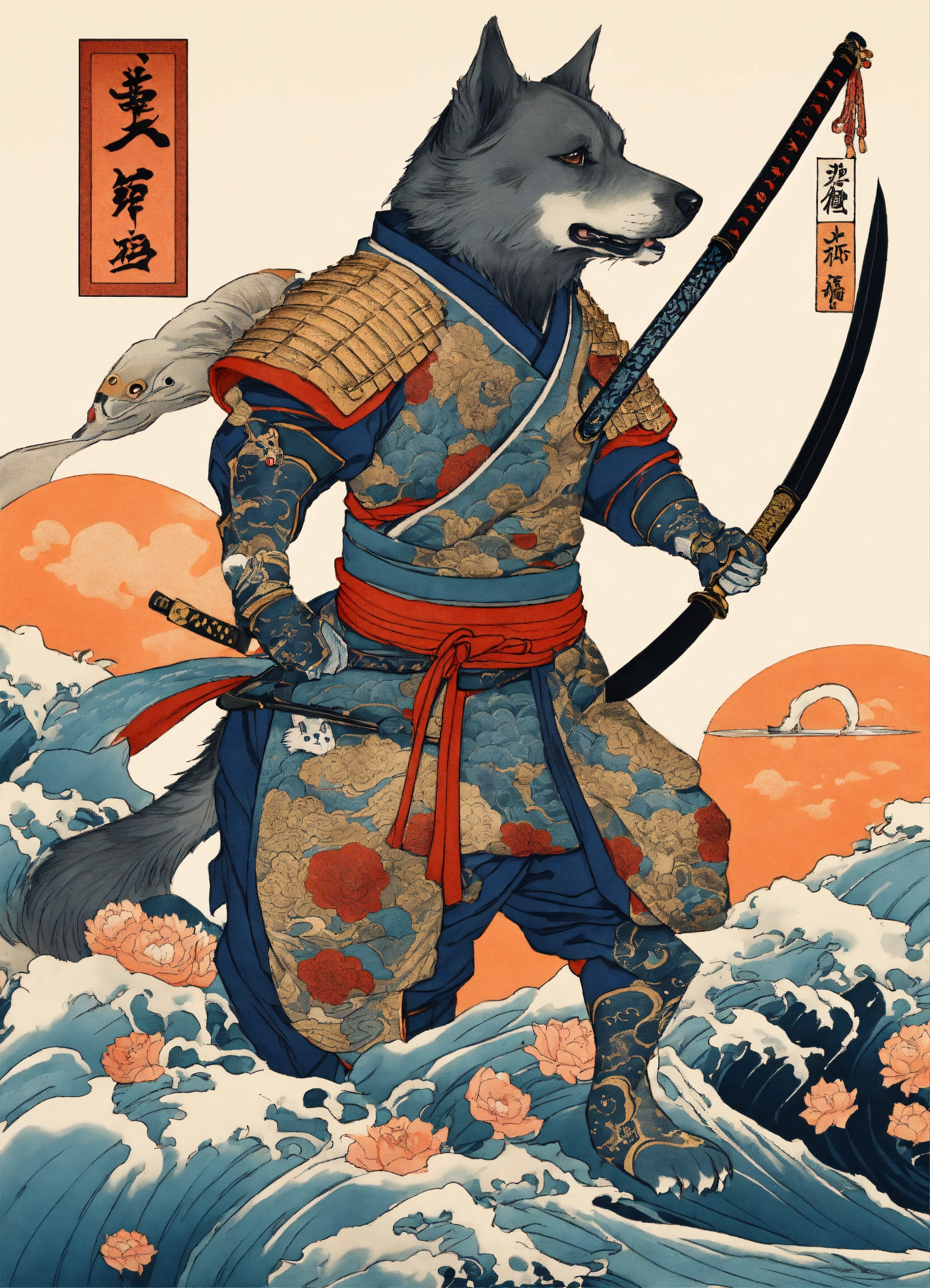 Lexica - There is a dog with a fish and a sword on a white background ...