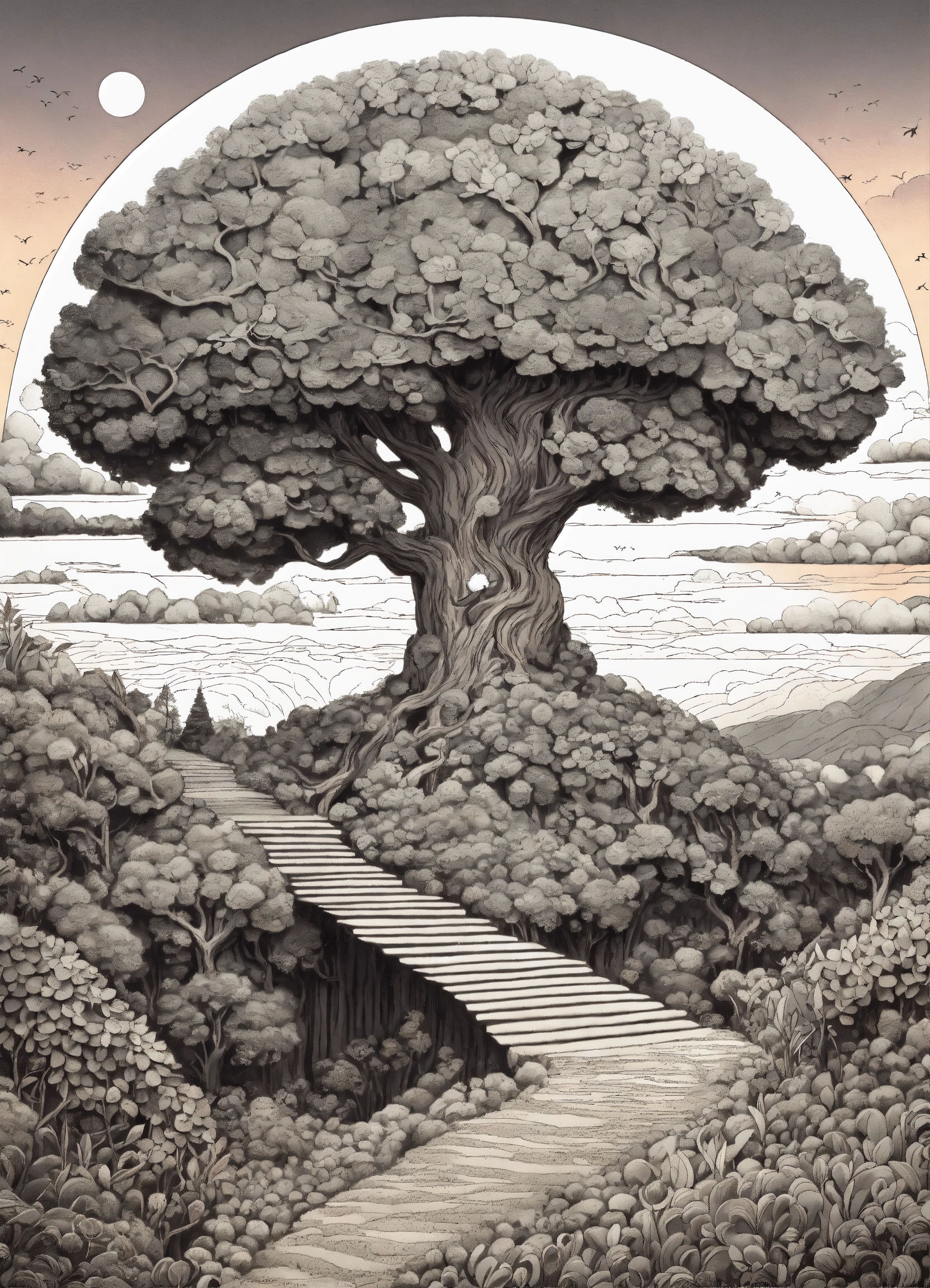 Lexica - Surreal giant tree on top of a hill, detailed, path up the ...