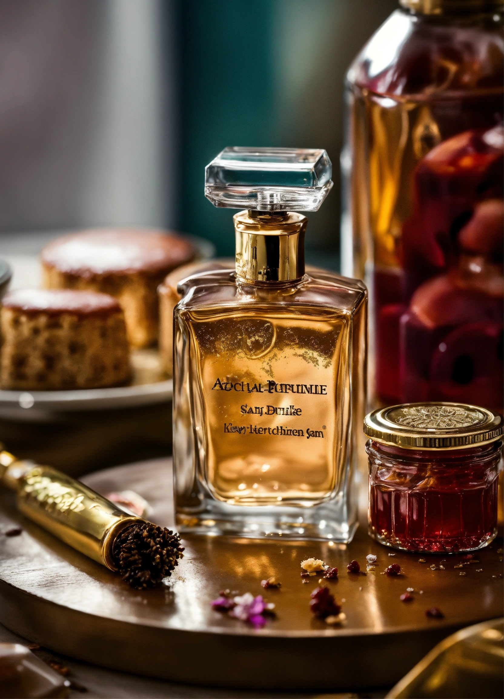 Lexica - Full length view, a table full of perfume bottle, kitchen with ...