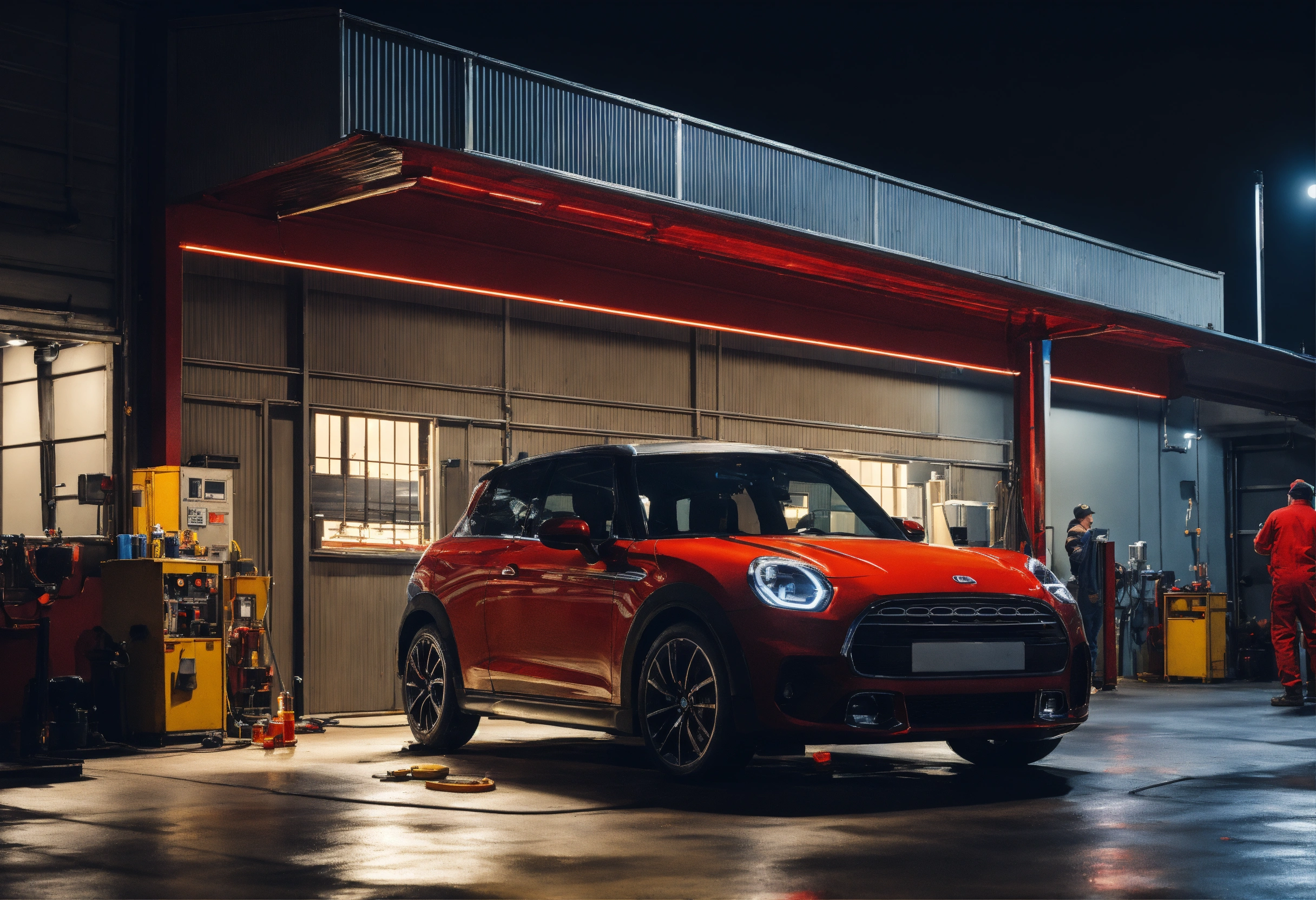 Lexica - Create an image of an automotive workshop facade at night ...
