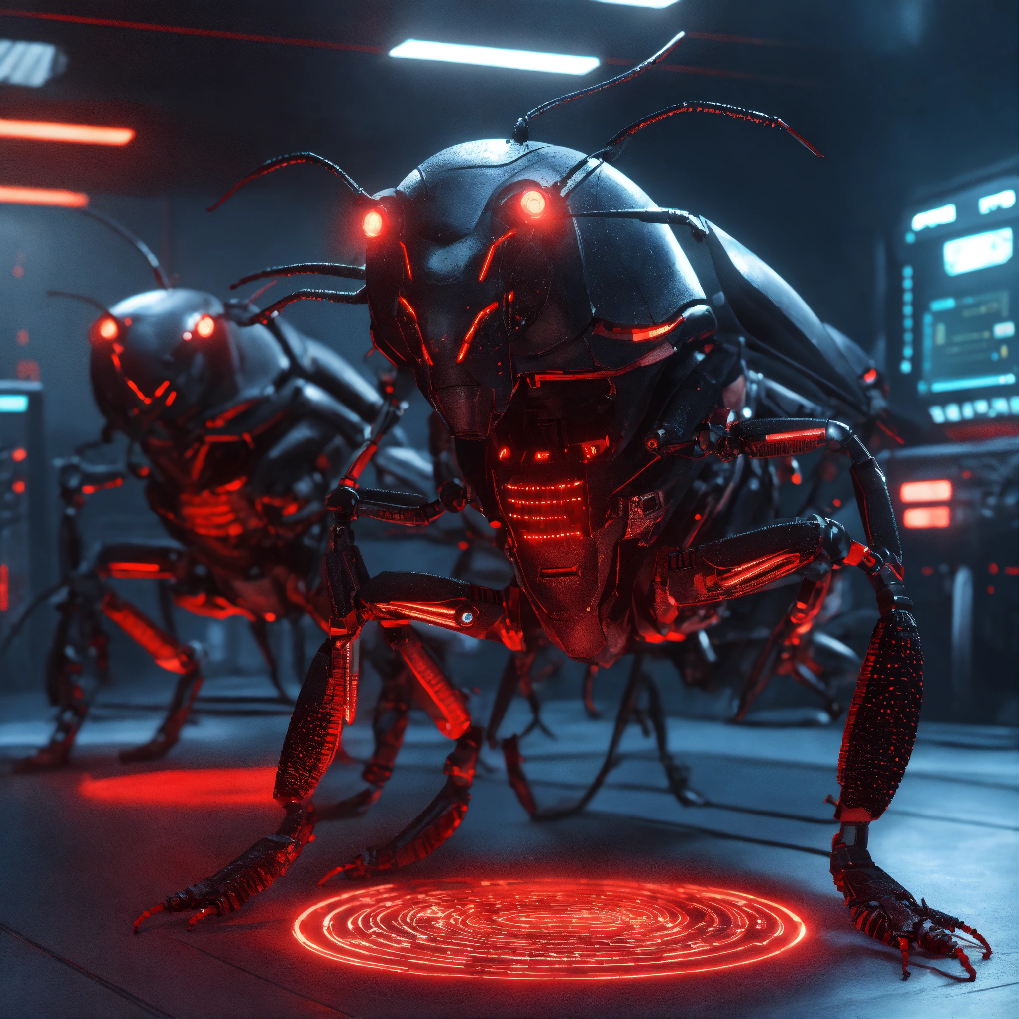 Lexica - 3 black cockroach faced humanoids with red glowing eyes and ...