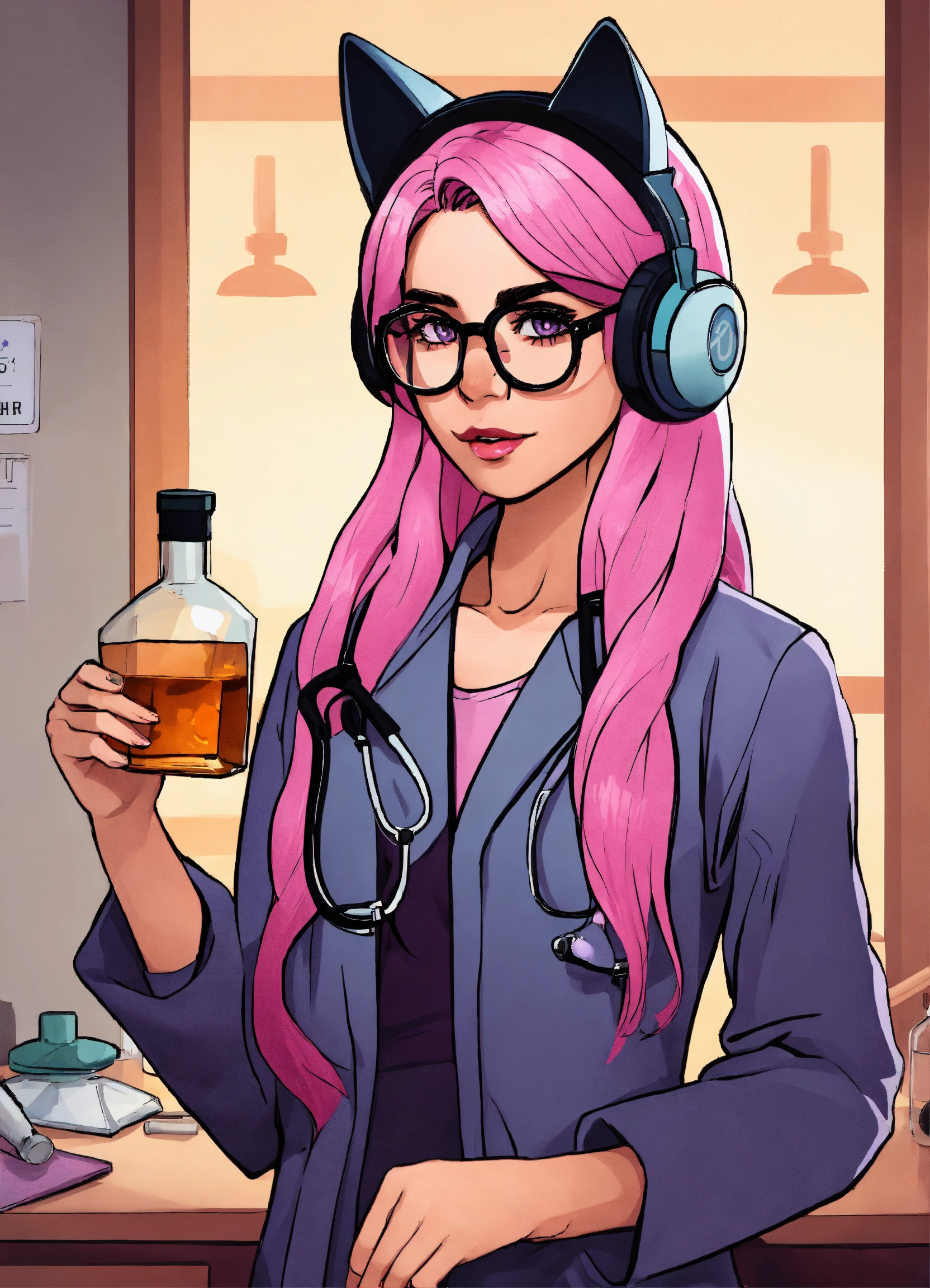 Lexica - Female doctor, with long pink hair, with cat ears color black ...